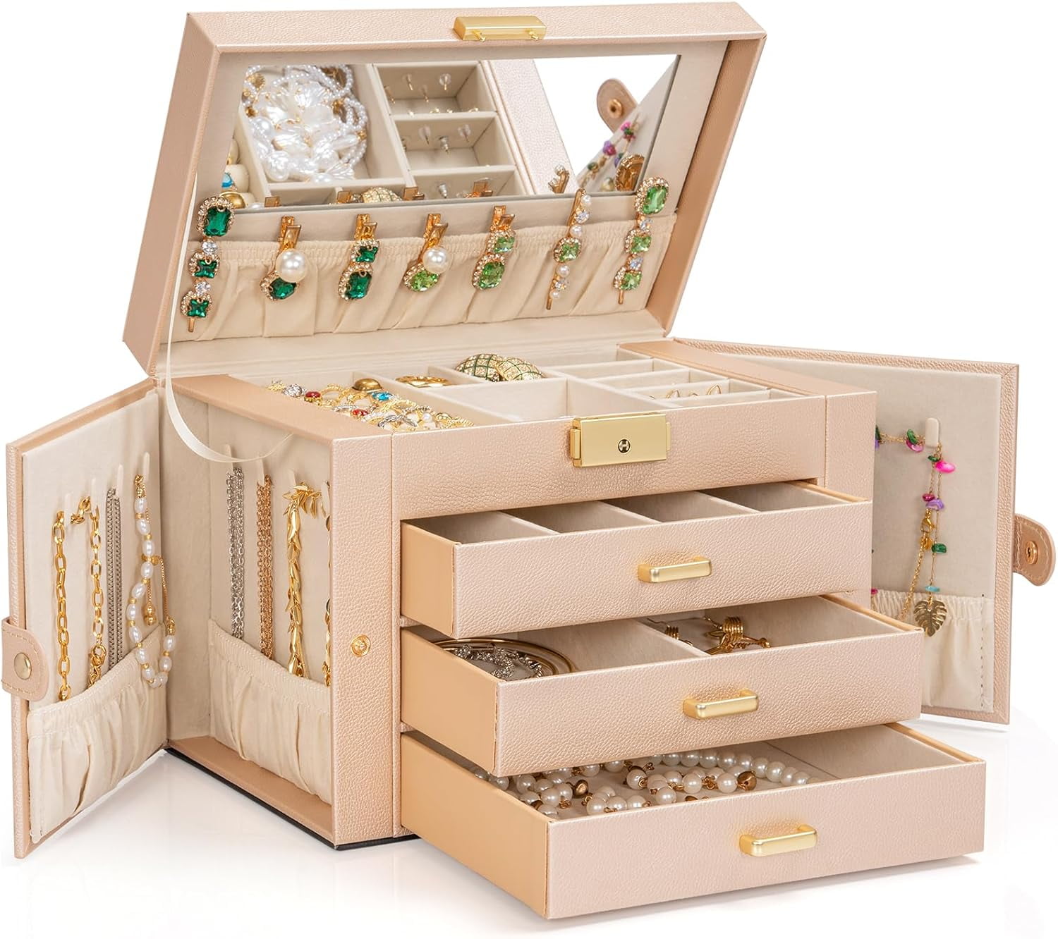 Large 4-Tier Jewelry Box Leather Jewelry Storage Organizer with 3 ...