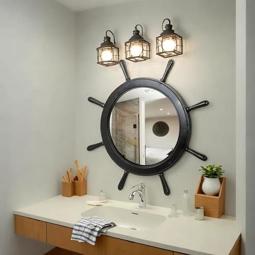 Large 42" Matte Black Wooden Nautical Ship Wheel Mirror - Vintage ...