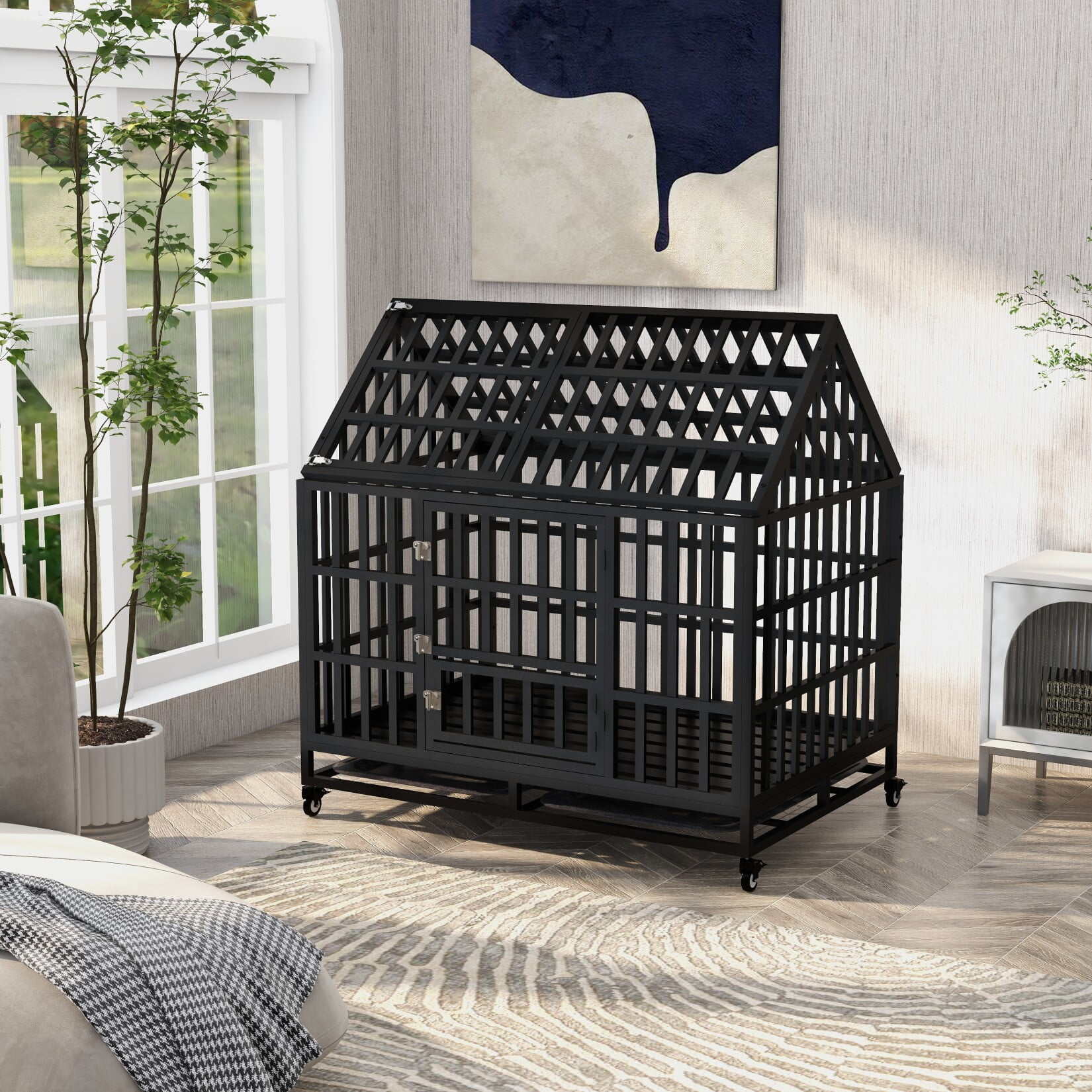 Large 44" Heavy Duty Dog Crate, Metal Dog Kennel Roof Door with Pull ...