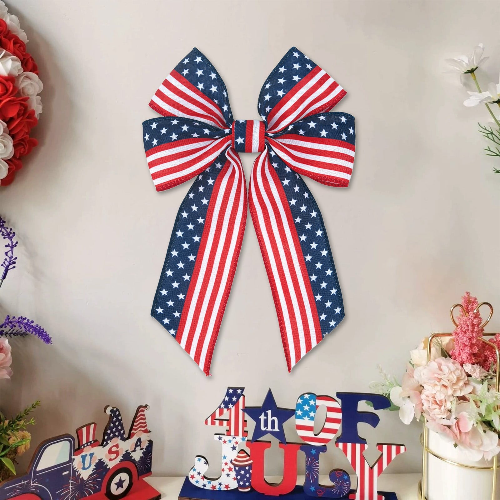 Large 4th of July Bows for Wreath, Patriotic Wreath Bows Red Blue Burlap Bow American Flag Stars ...