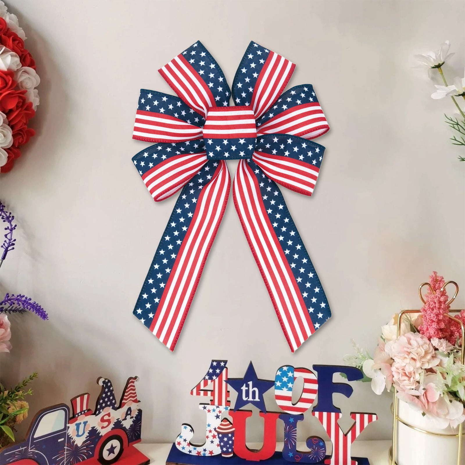 Large 4th of July Bow for Wreath, Patriotic Red Blue Burlap American ...