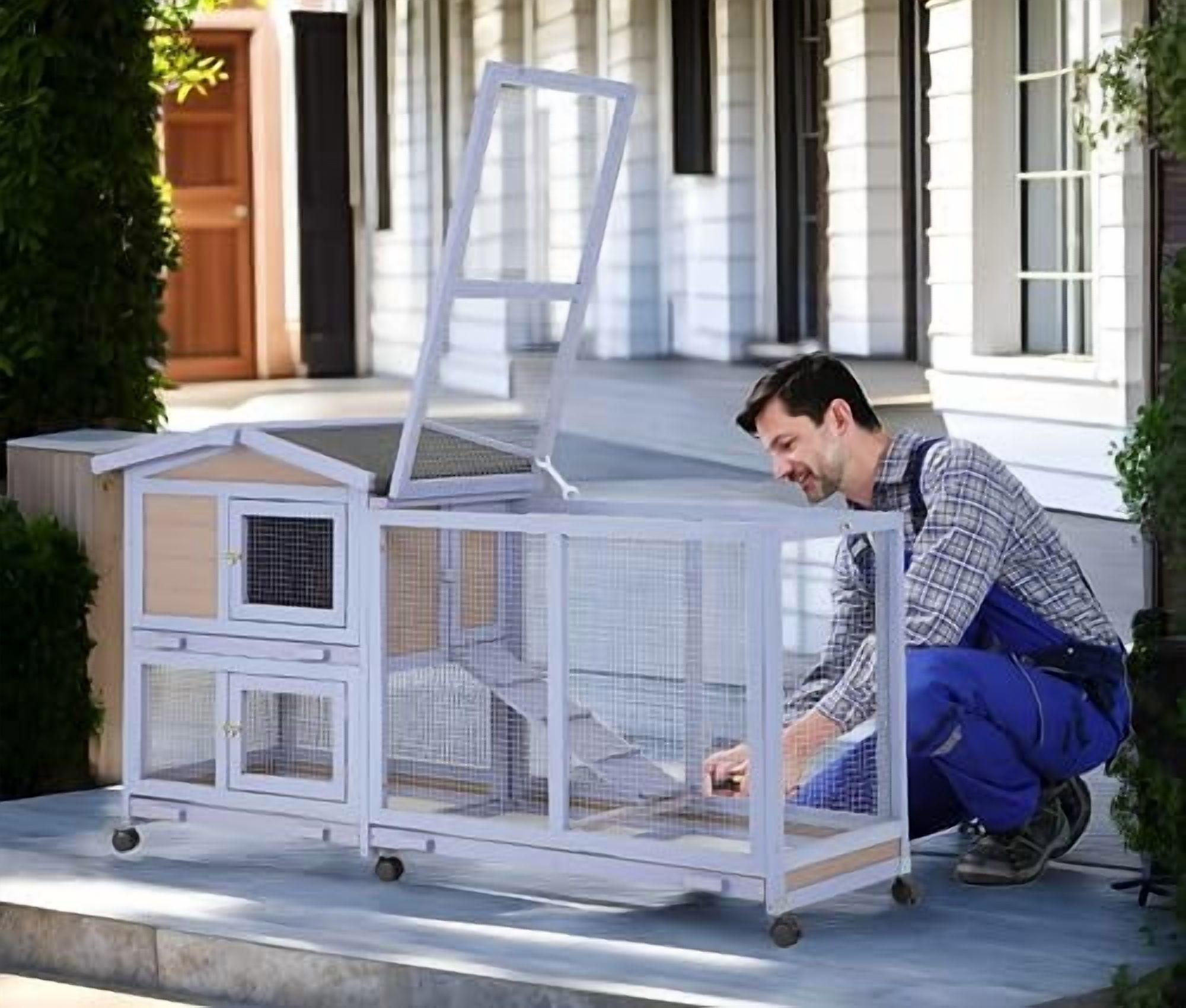 Large 58" Rabbit Hutch, Wooden Rabbit Cage Indoor, Outdoor Bunny Hutch ...