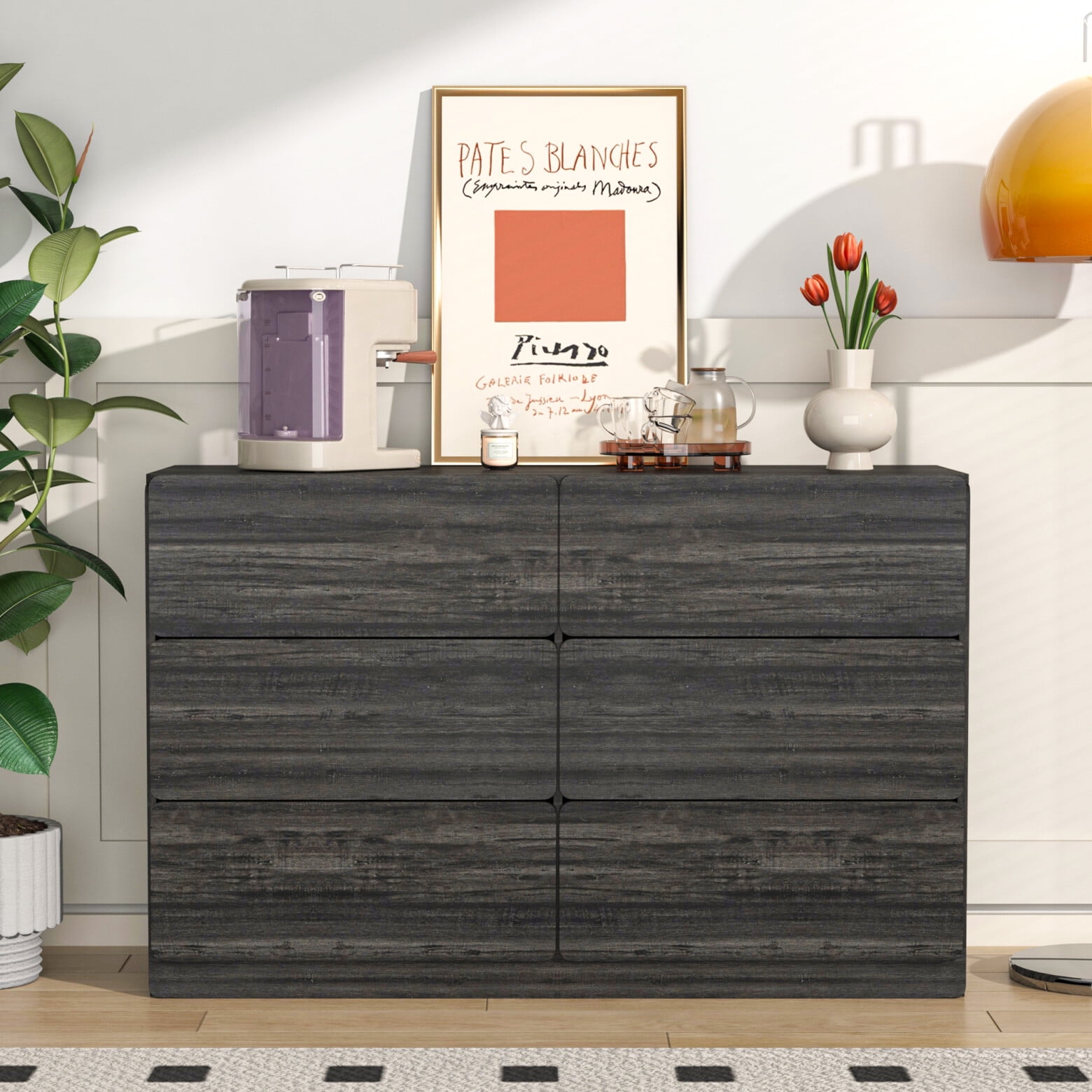 Large 6-Drawer Buffet Cabinet with Wine Storage, Multi-Purpose ...