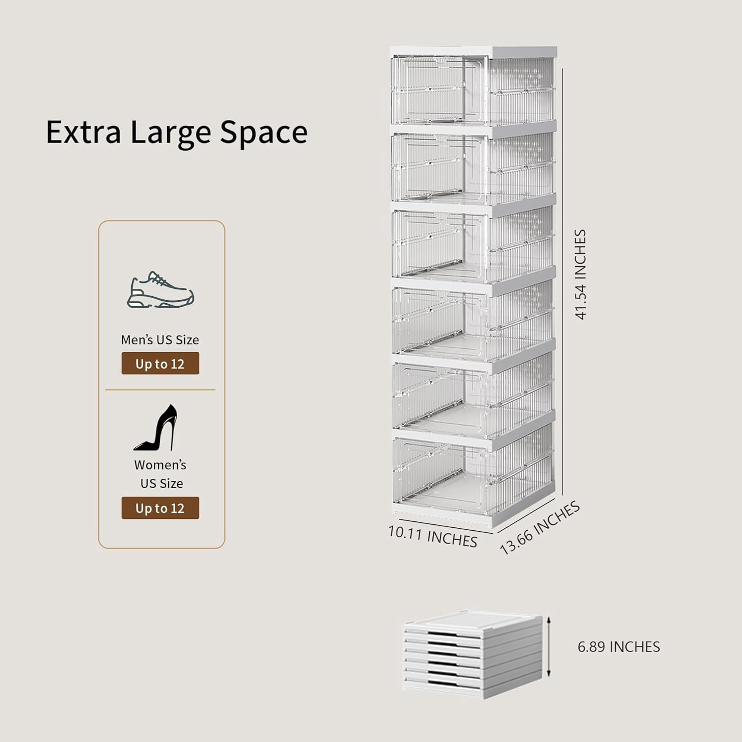 Large 6-Tier Folding Shoe Storage Box with Door, Stackable Plastic ...