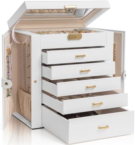 Large 6-Tier Jewelry Box Lockable Leather Jewelry Storage Case with 5 ...