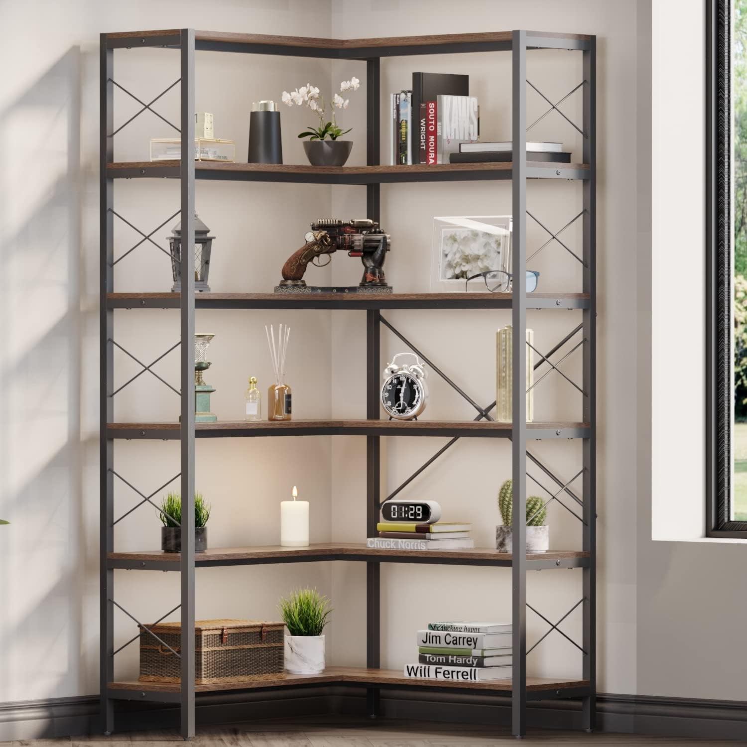 Large 6 Tier Shelf with Storage Cabinet L Shaped Bookcase Plant Stand ...