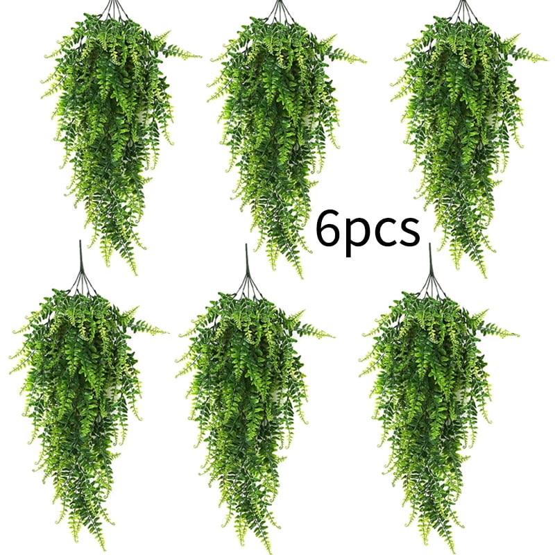 Large 6-piece green artificial hanging fern plant, UV resistant, fade ...