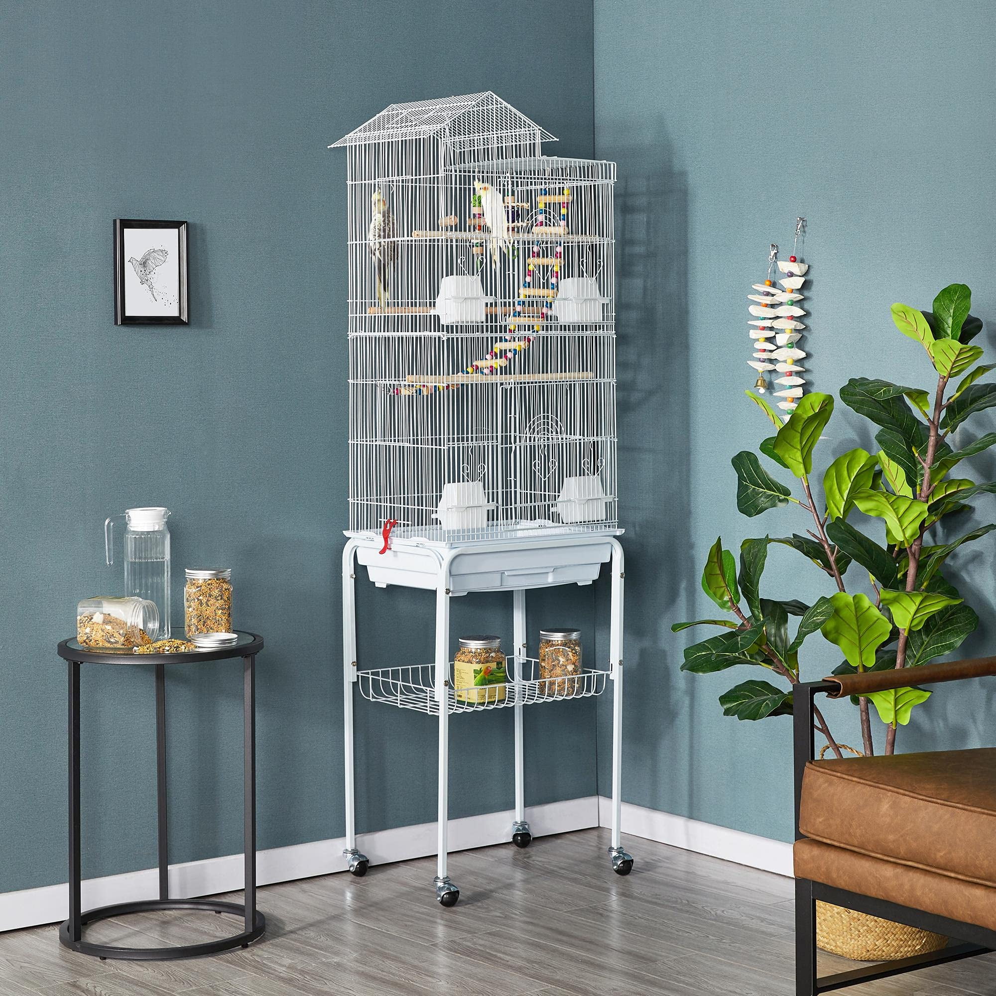 Large 62.4 Inch Parrot Cage for Small Birds Budgies Canaries Finches Lovebirds, Roof Top Flight ...