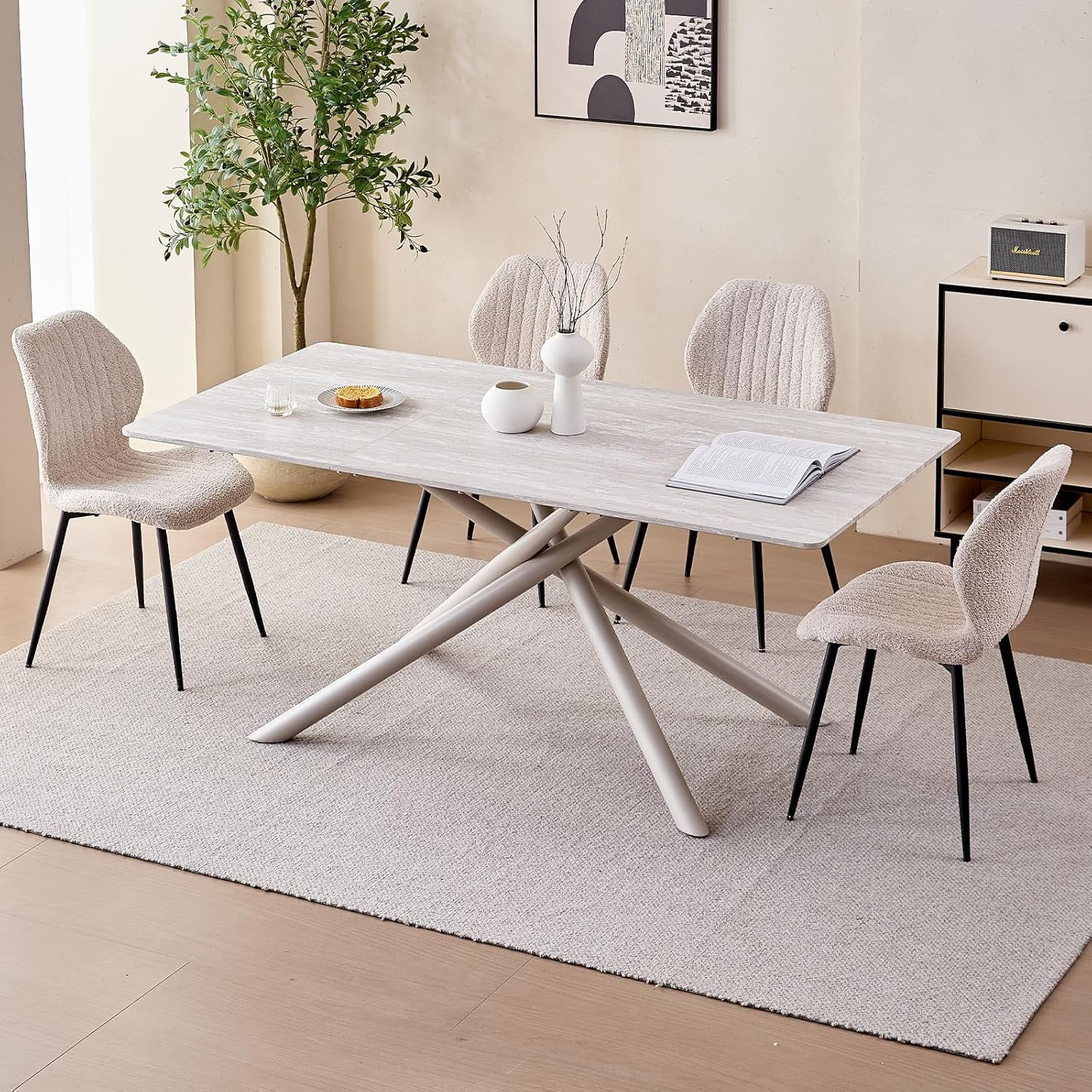 Large 70.8" Rectangle Dining Table for 4 6, [Coated Metal Cross Legged ...