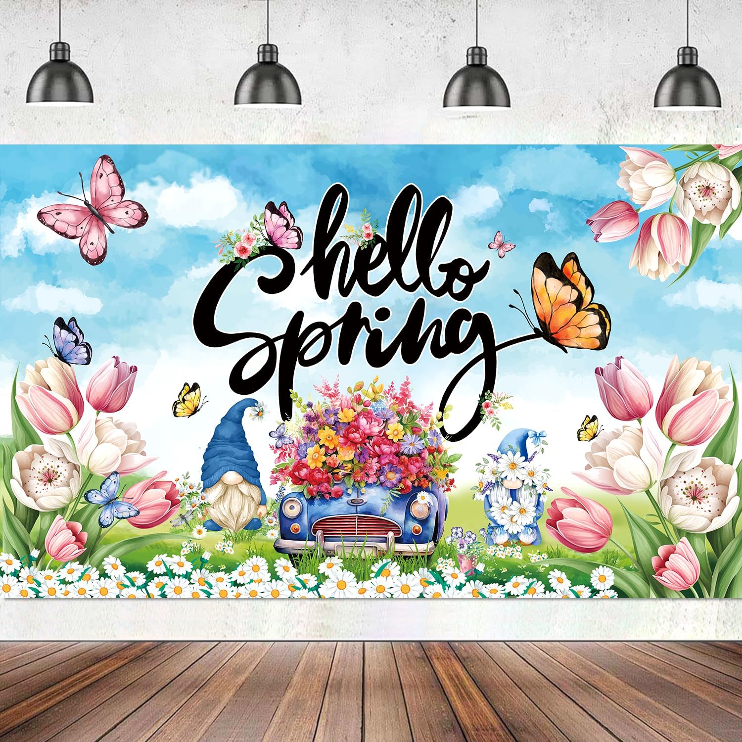 Large 71x43 Inch Spring Backdrop, Colorful Floral Butterfly Hello ...