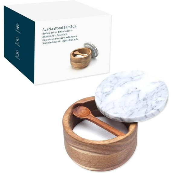 Large Acacia Salt Cellar Box Bowl with Built-in Spoon and Marble Lid ...