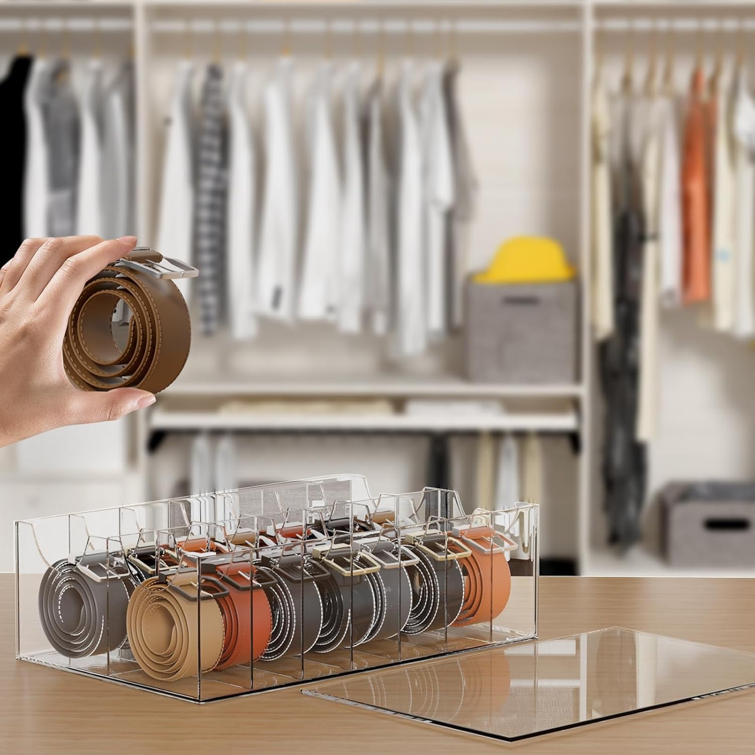 Large Acrylic Belt Organizer with 14 Compartments, Clear Storage ...