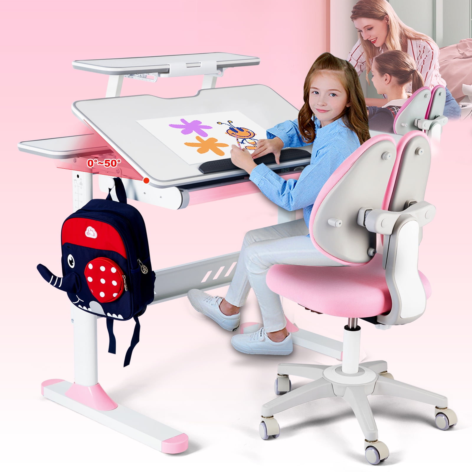 Large Adjustable Kids Study Desk and Chair Set Ergonomic Girls School ...