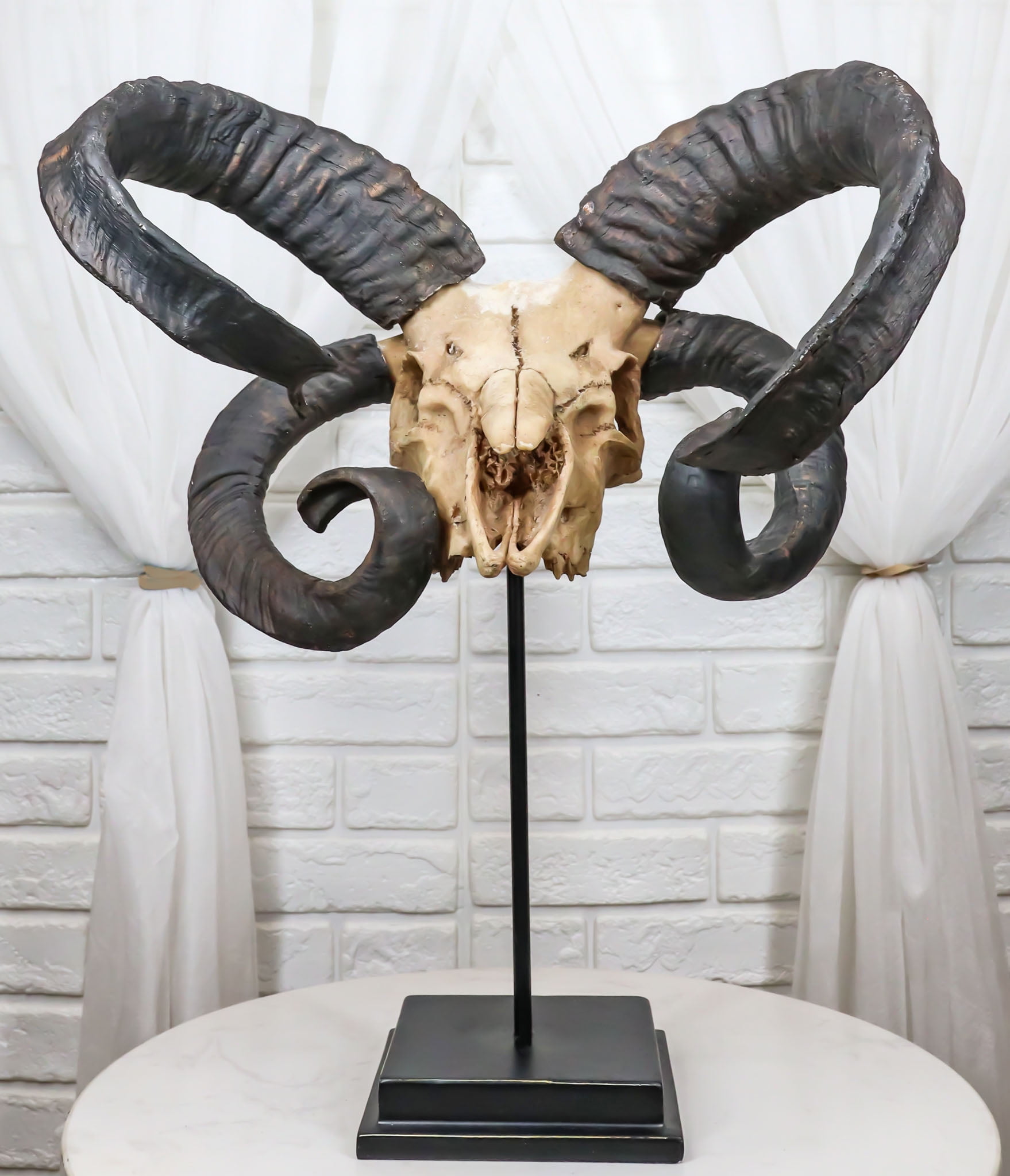 Large Alien Mutated Quad Horns Ram Skull Sculpture On Museum Base Stand ...