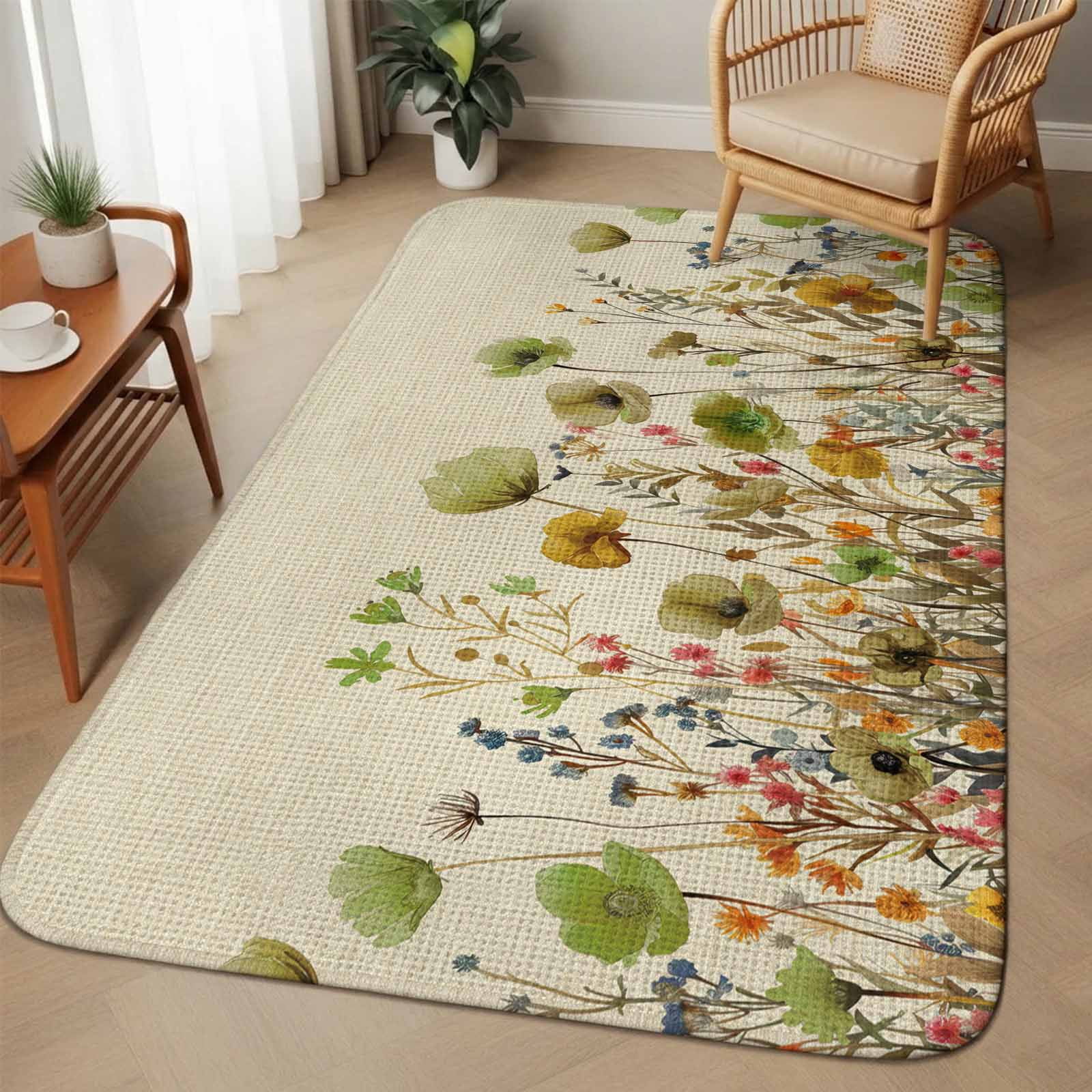 Large Area Rug 63"x78.7",Sage Green Yellow Spring Floral Absorbent Non ...