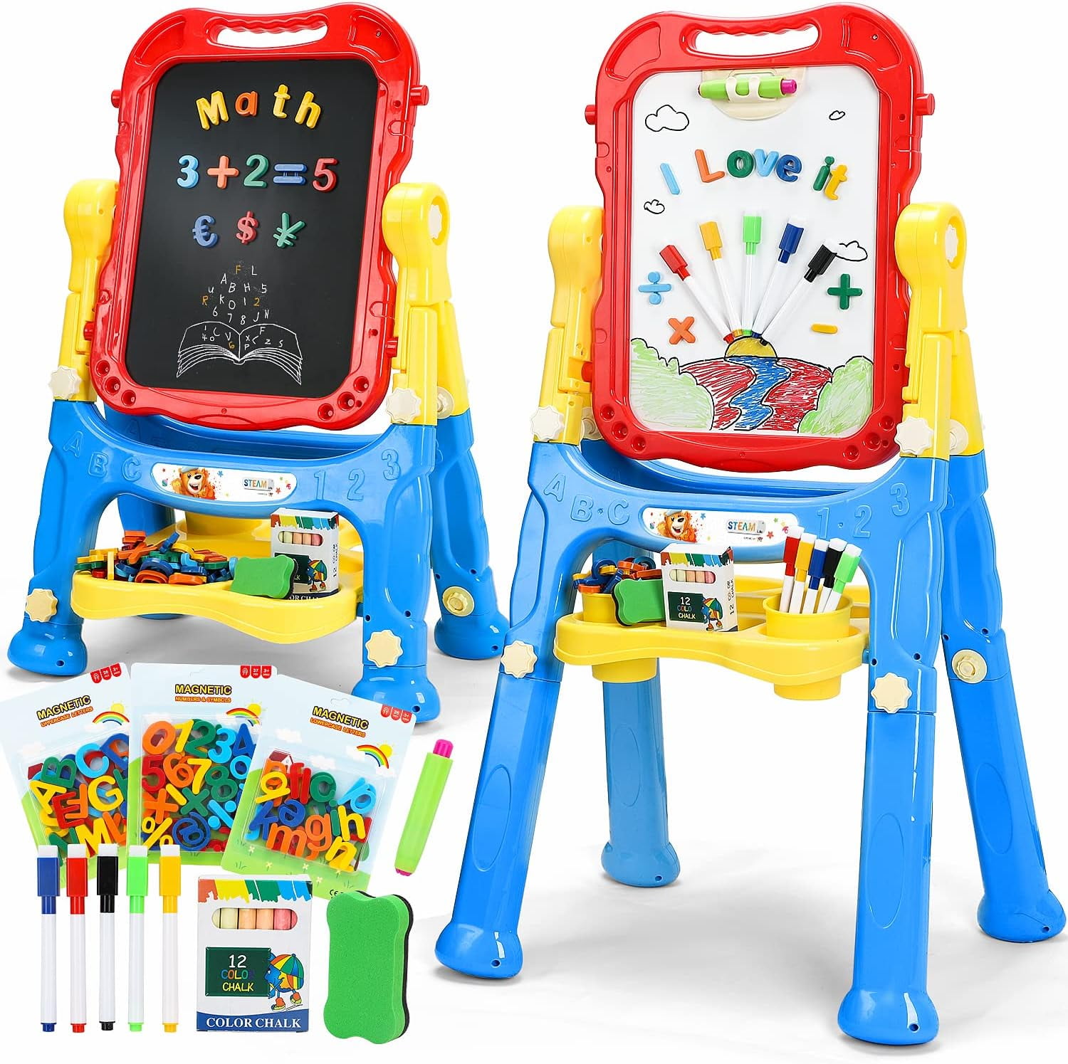 Large Art Easel for Kids, Double-Sided 4In1 Toddler Easel with Rotable ...