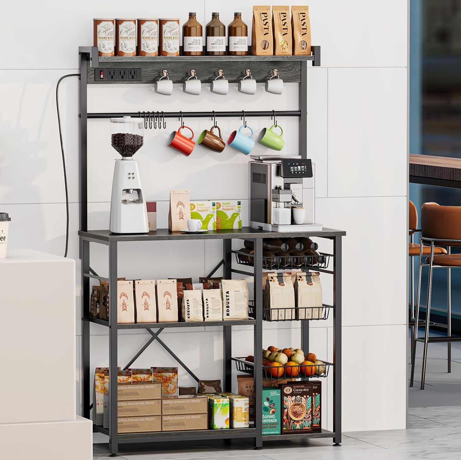 Large Bakers Rack with Power Outlets, 15 Hooks Coffee Bar with 3 Wire ...