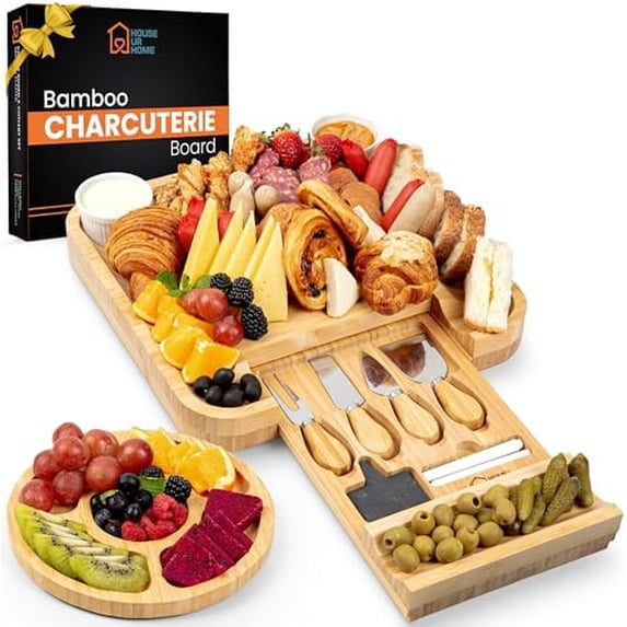 Large Bamboo Charcuterie Board Gift Set with Hidden Drawer, Fruit Tray, Knives & Bowls for ...