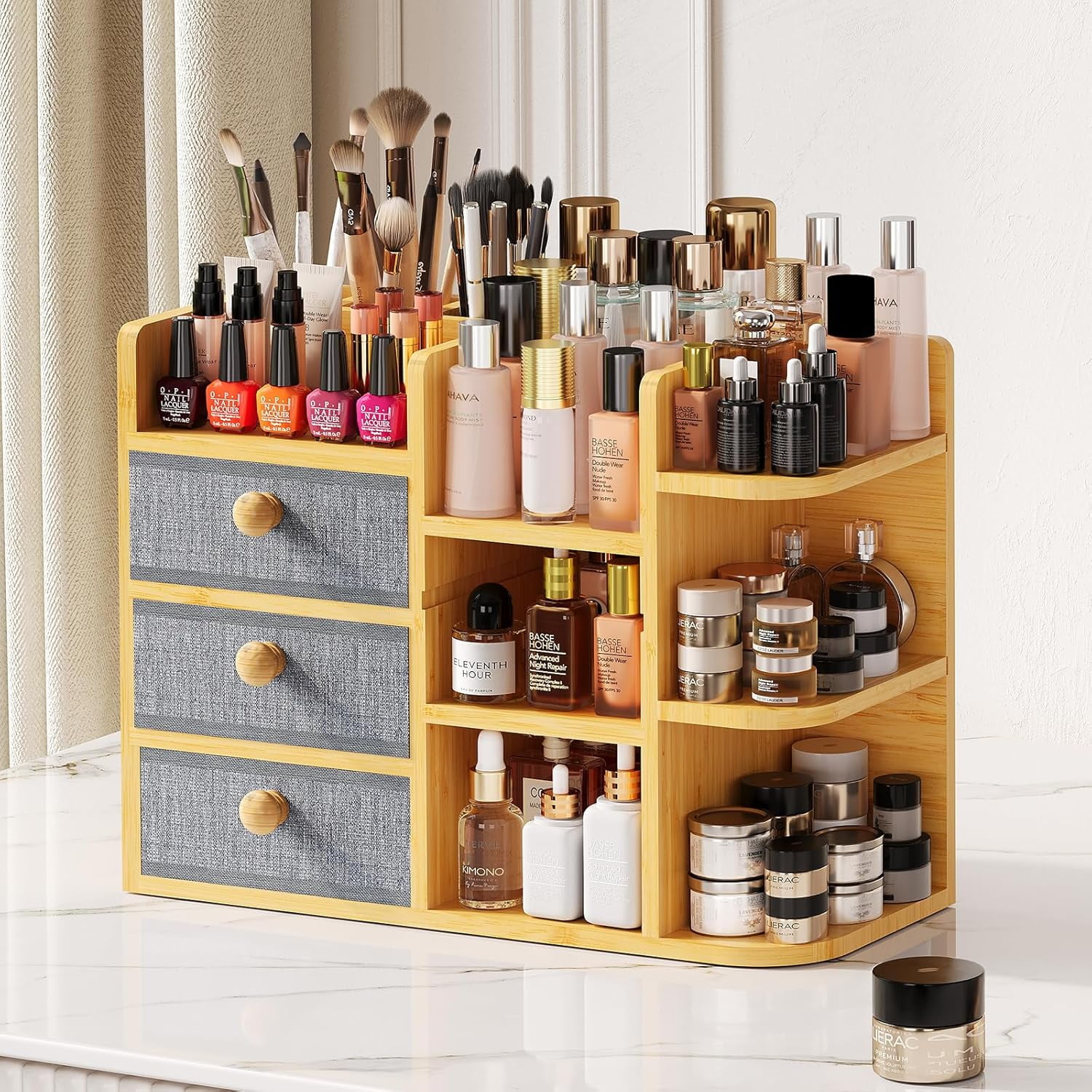 Large Bamboo Makeup Organizer For Vanity, Large Capacity 3 Tiers Bamboo ...