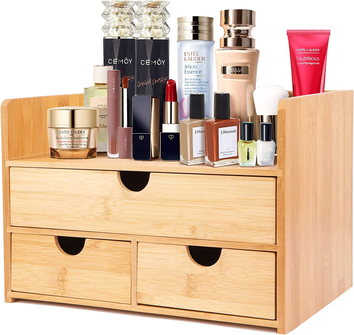 Large Bamboo Makeup Organizer with 1 Drawer and 2 Smaller Drawers, 100 ...
