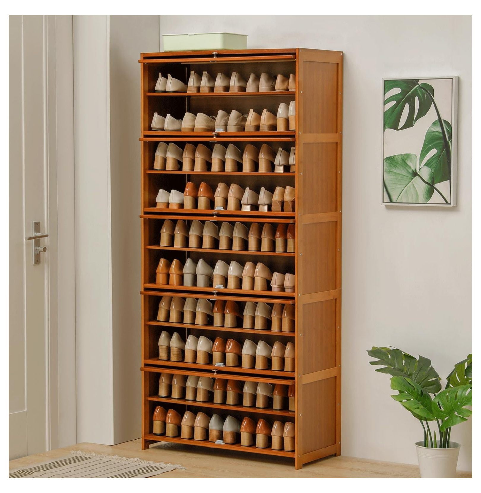 Large Bamboo Shoe Storage Cabinet with Doors, 10 Tier Freestanding ...
