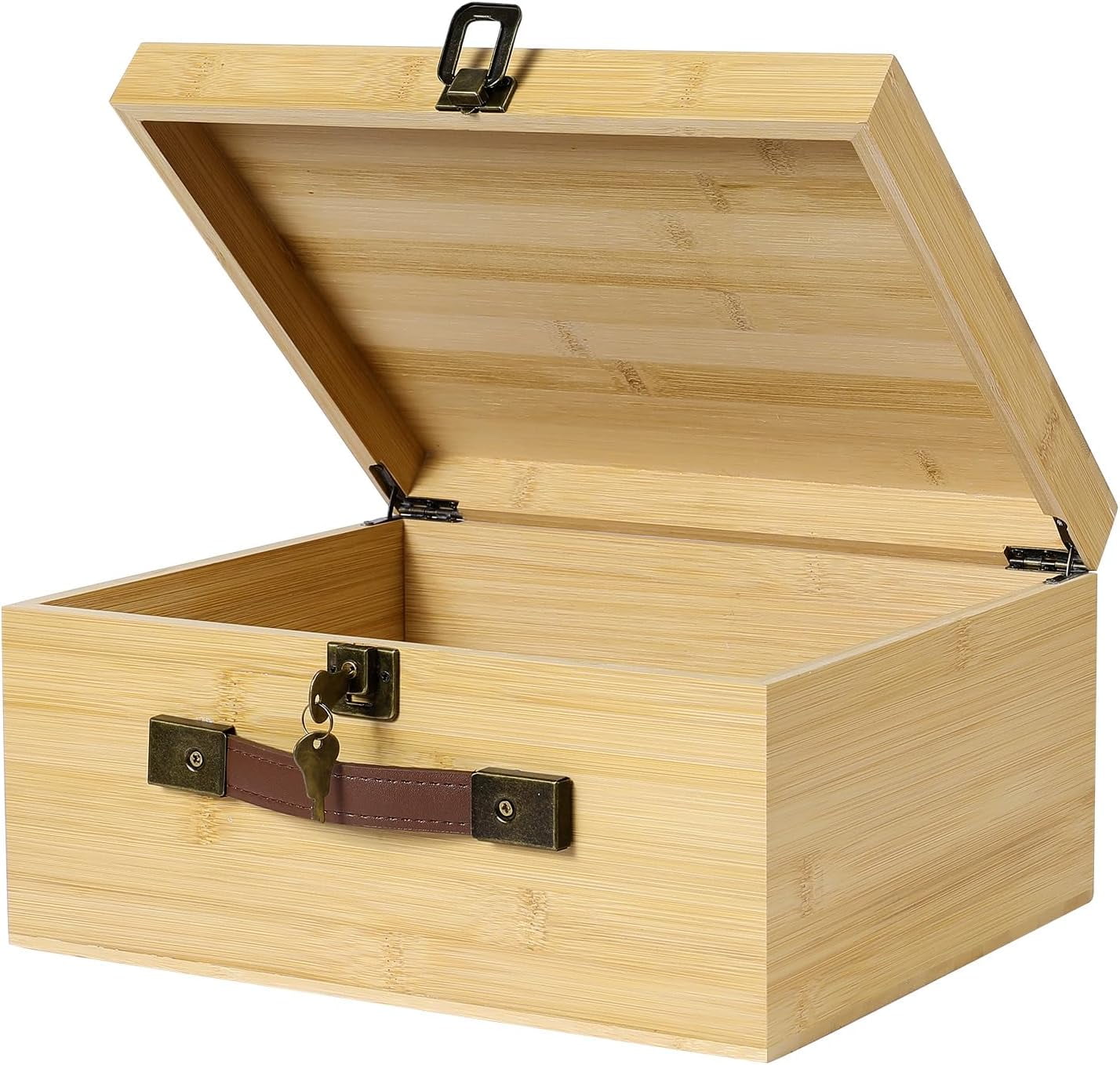 Large Bamboo Wood Storage Box with Lock Keys Hinged Lid PU Leather ...