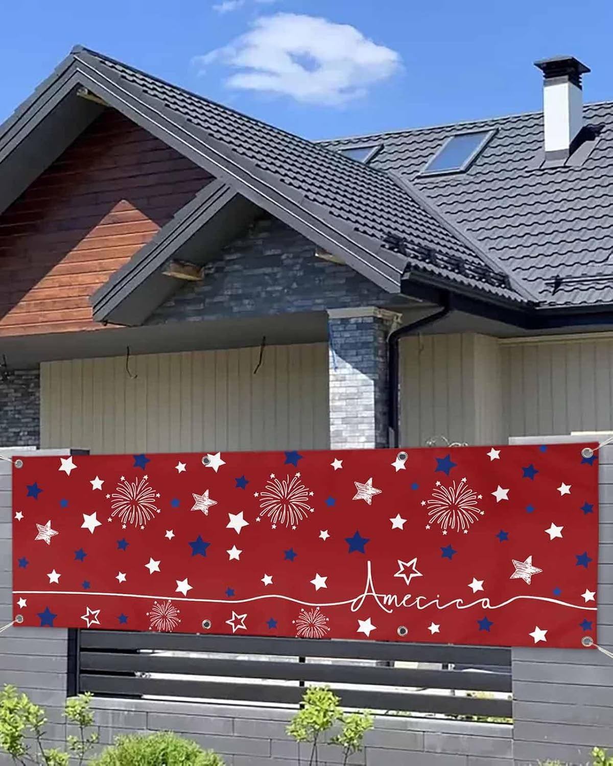 Large Banner Holiday Party Decoration Blue White Star Firework Red 4th ...
