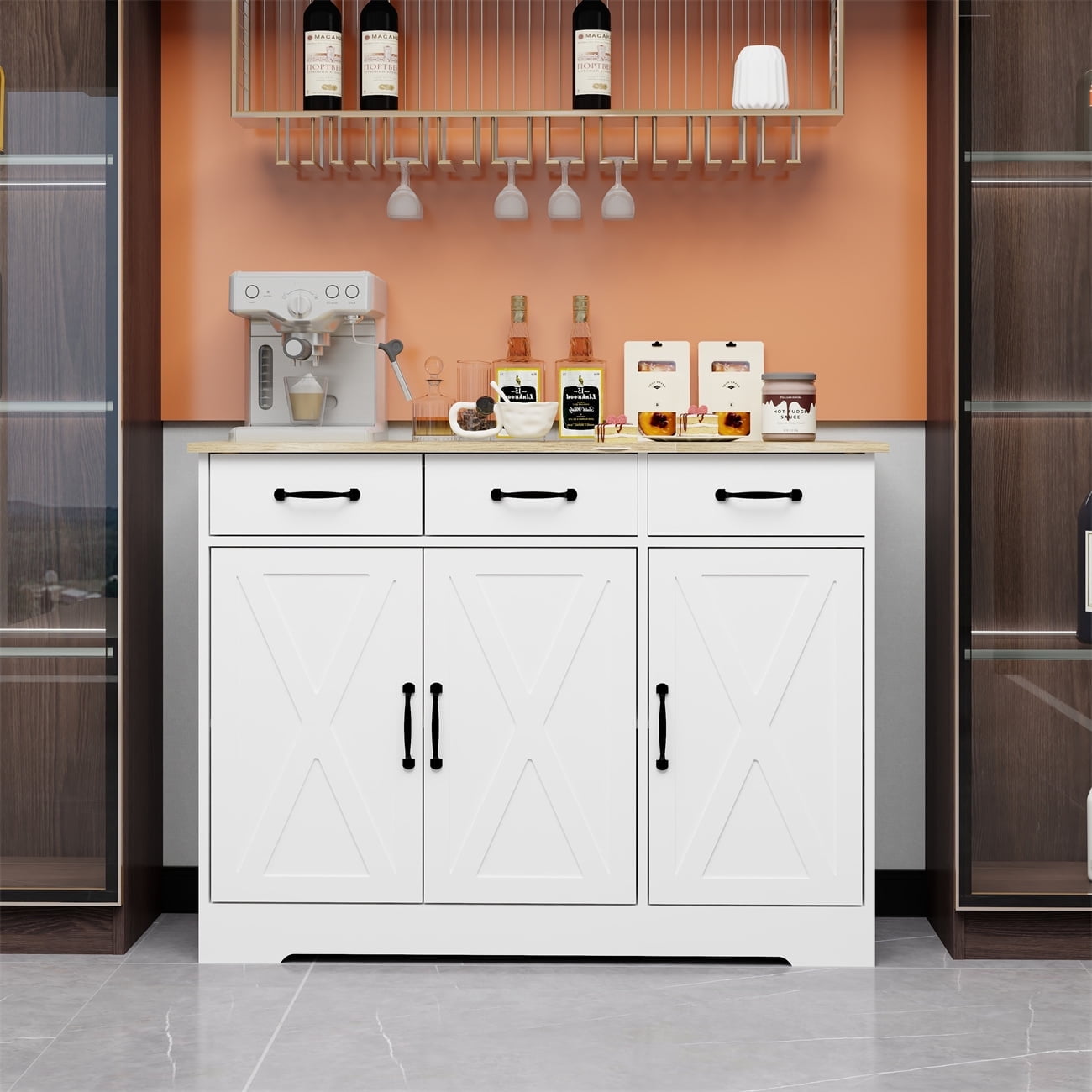 Large Bar Cabinet Storage, Sideboard Buffet Cabinet with 3 Drawers and ...