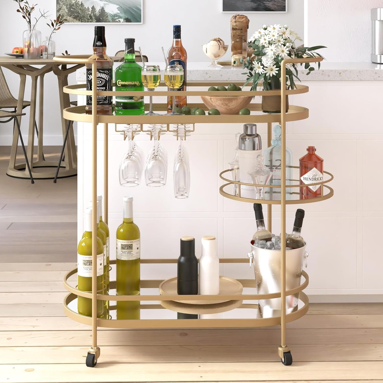 Large Bar Cart Gold with Small Tray, 2 Tier Serving Wine Cart with ...