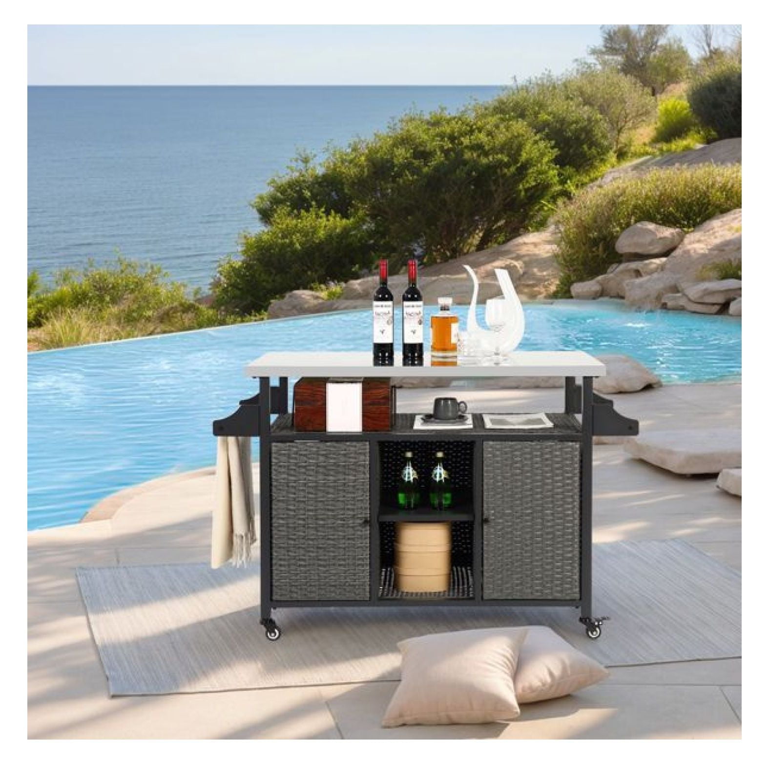 Large Bar Cart, Outdoor Kitchen Island - Rolling Storage Cabinet with ...