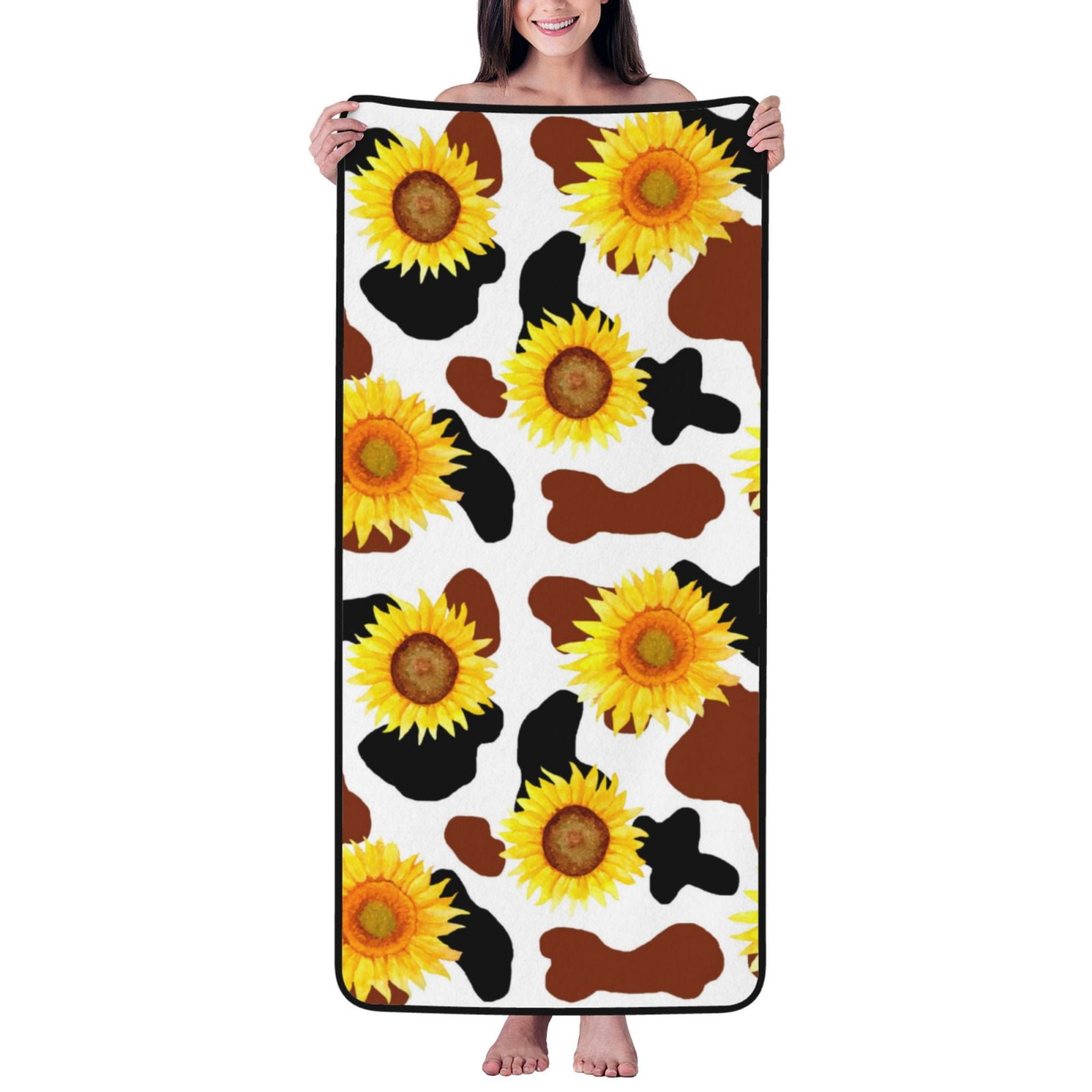 Large Bath Towel - Cow Print Sunflower 27x55 Inches Soft Lightweight ...