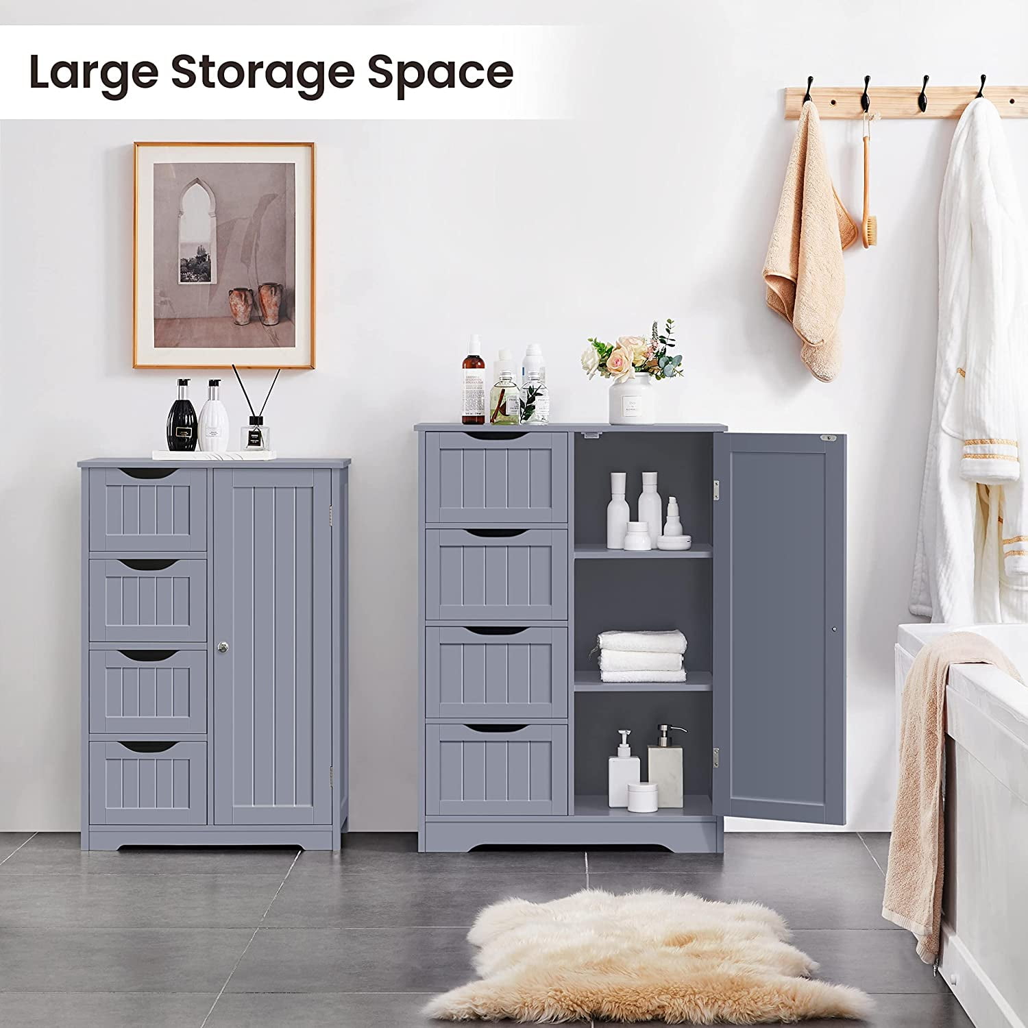 Large Bathroom Floor Cabinet with 4 Dawers and Single Door Cabinet ...