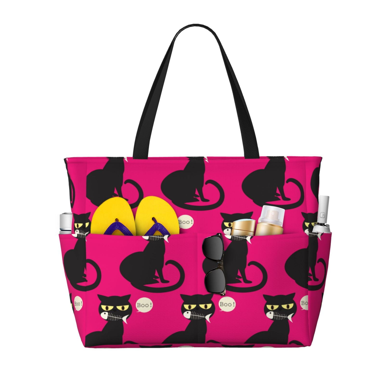 Large Beach Bag For Women, Cartoon Black Cat Fishbone Waterproof Beach ...