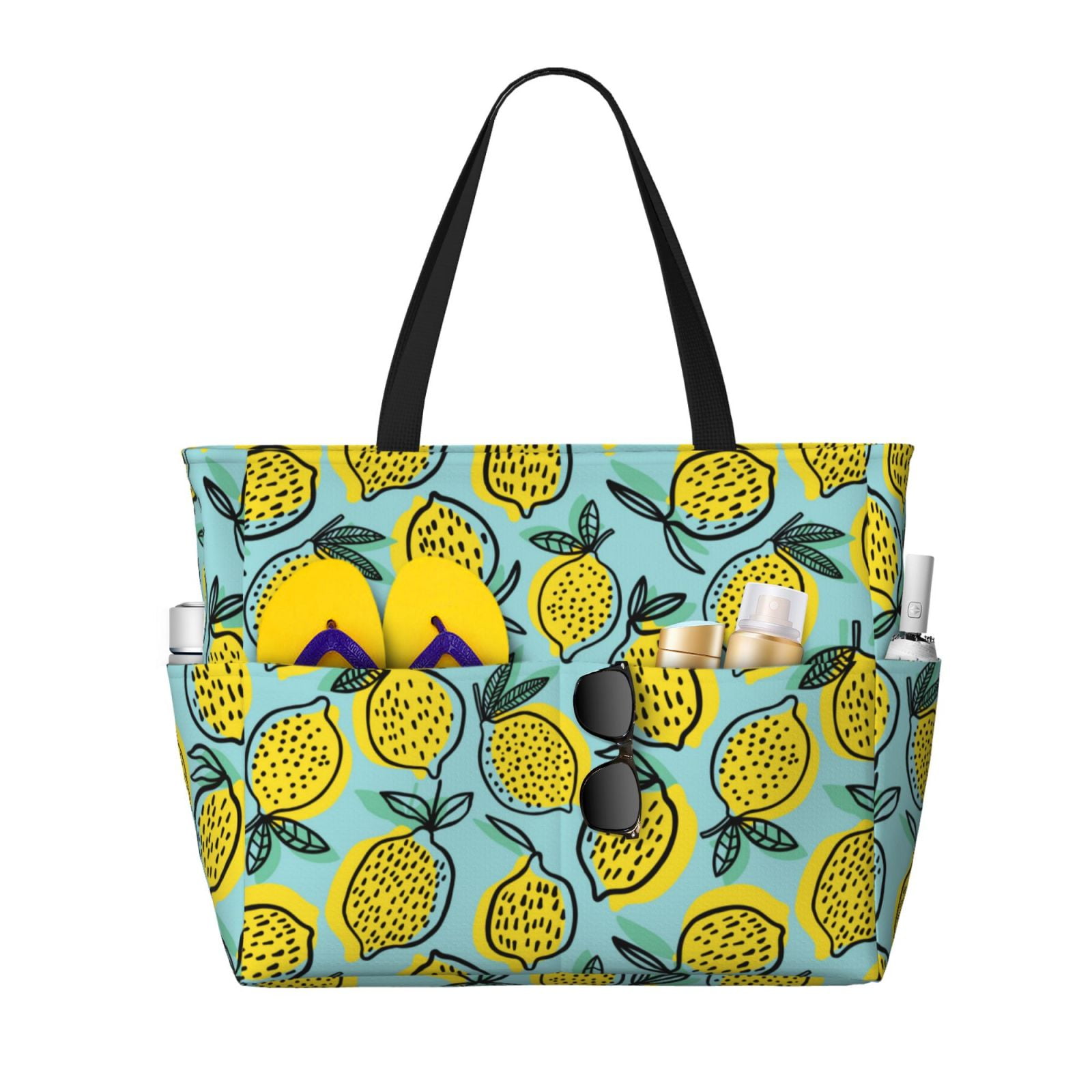 Large Beach Bag For Women, Lemon Print Waterproof Beach Tote Bag With ...