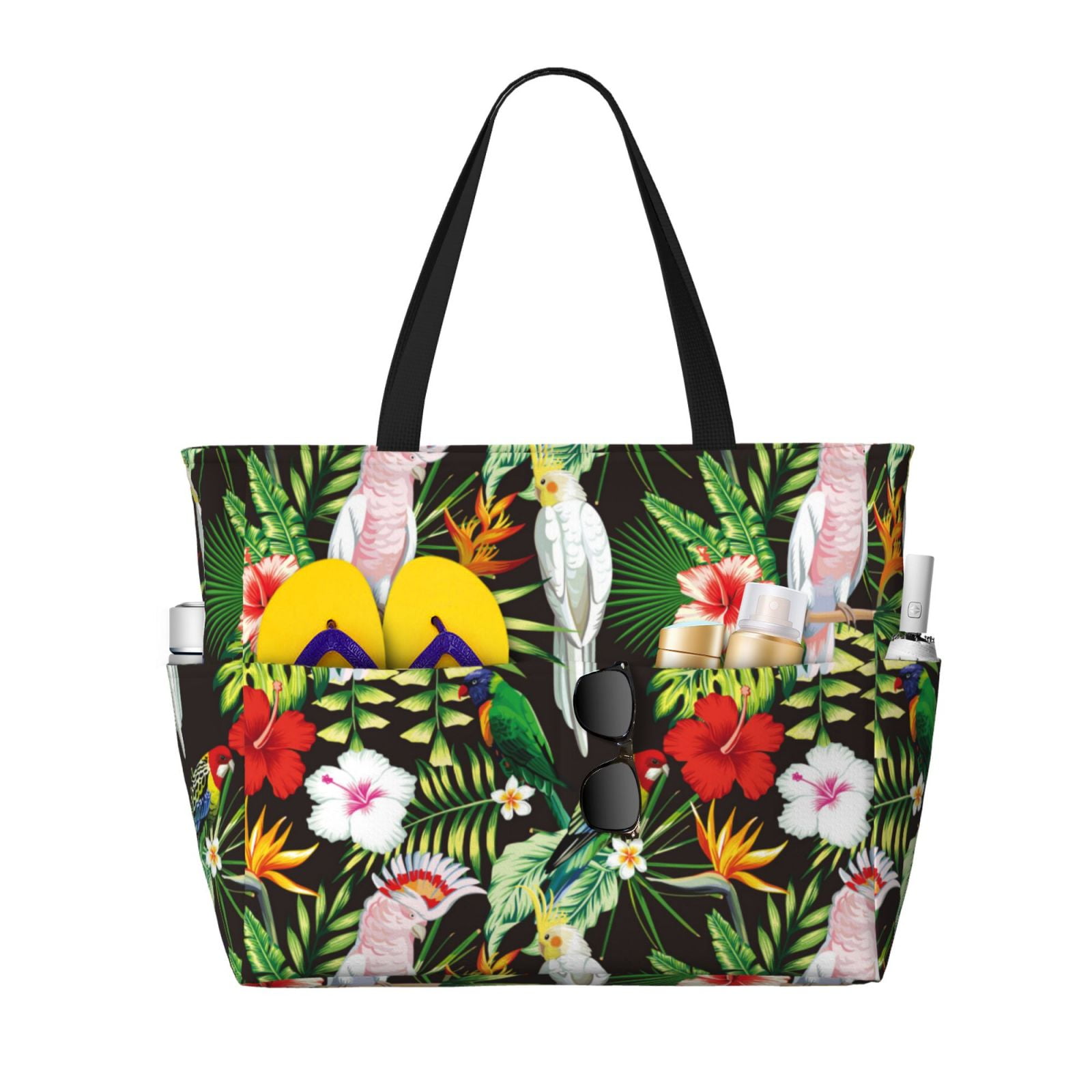 Large Beach Bags Water-resistant Sandproof - Artsy Cute Parrot Palm ...