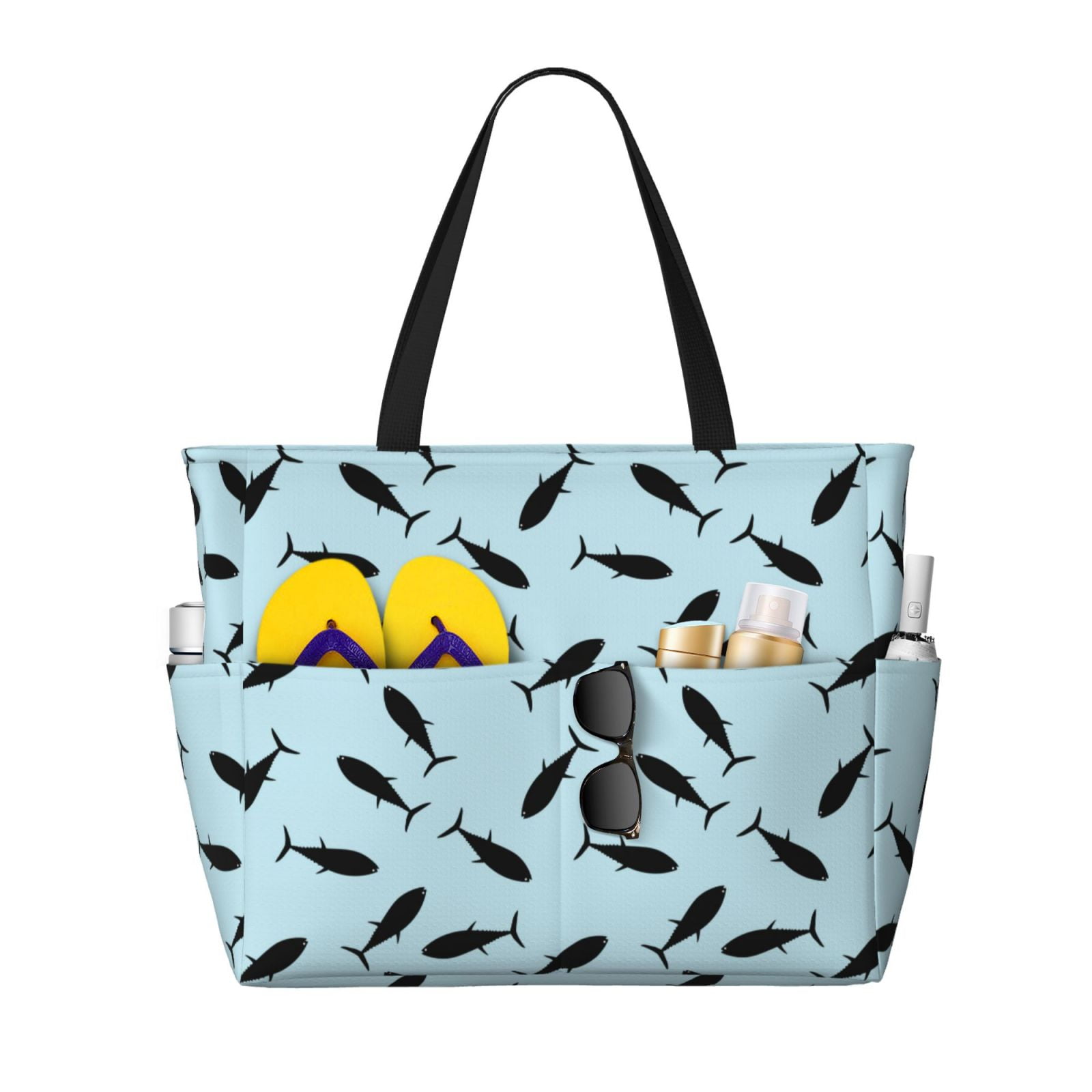 Large Beach Bags Water-resistant Sandproof - Black tuna fish Cute Beach ...