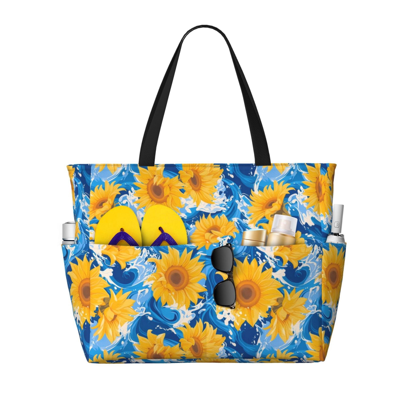Large Beach Bags Water-resistant Sandproof - Blue Ocean Wave Sunflower ...