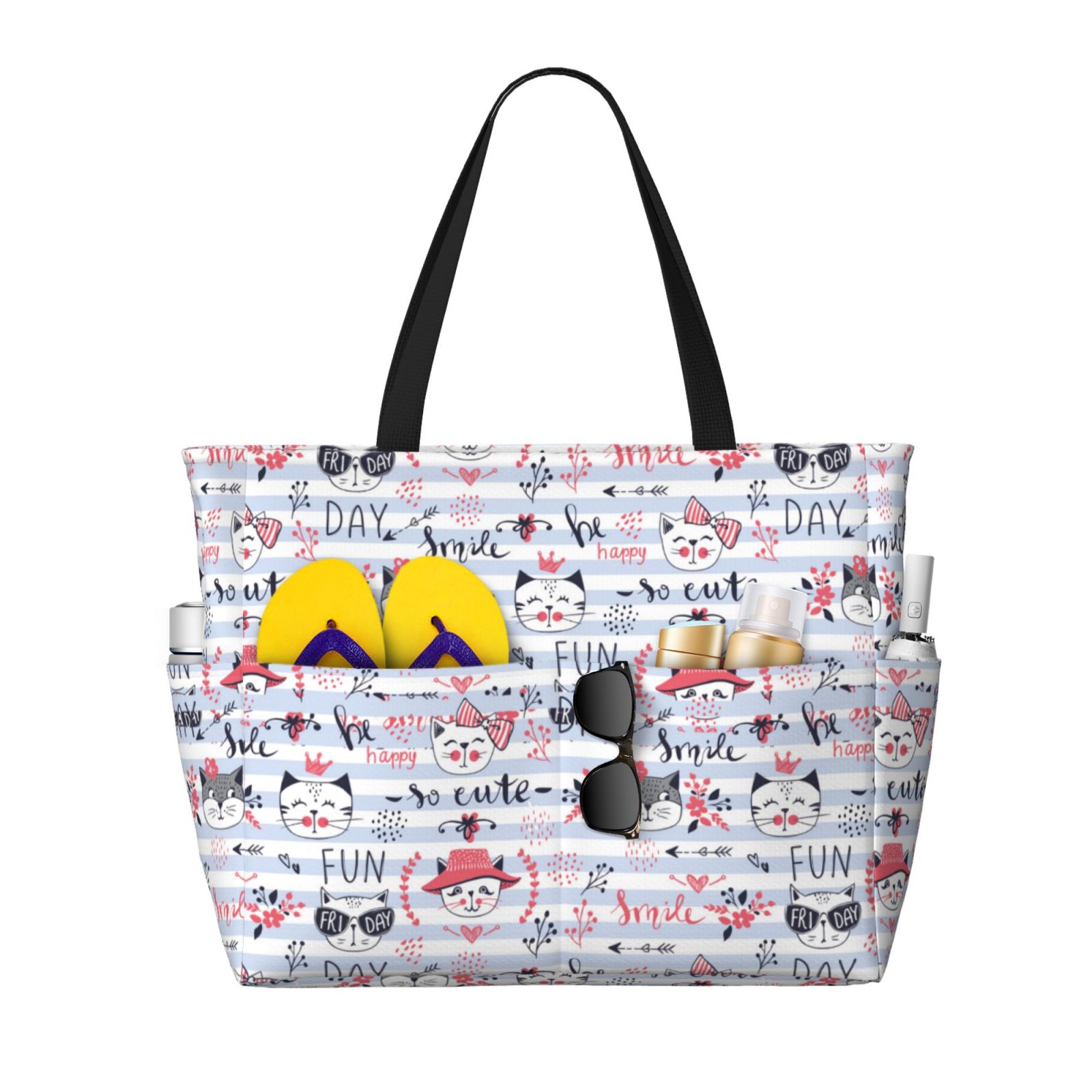 Large Beach Bags Water-resistant Sandproof - Blue Stripes Lines Cute ...
