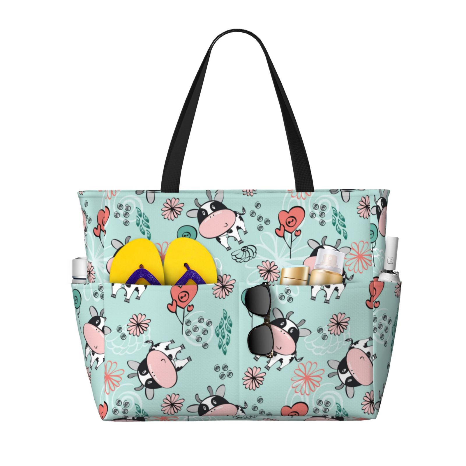 Large Beach Bags Water-resistant Sandproof - Cartoon Cute Cow Love_A ...