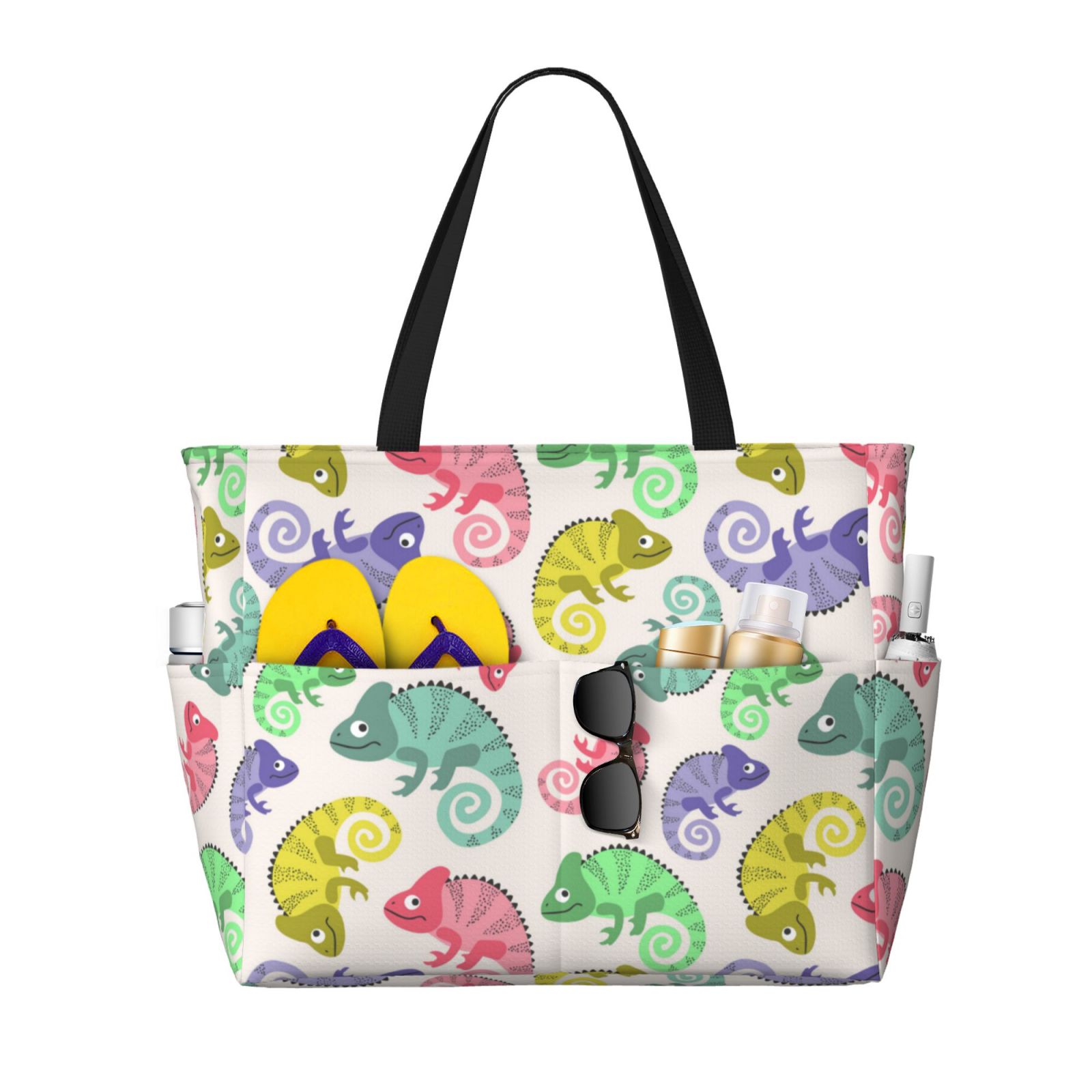 Large Beach Bags Water-resistant Sandproof - Colorful Cute Chameleons ...