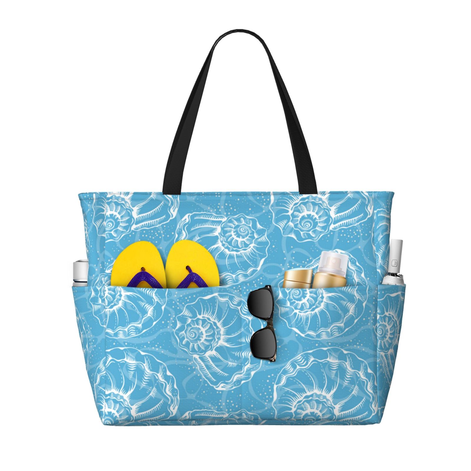 Large Beach Bags Water-resistant Sandproof - Conch Blue Cute Beach Tote ...