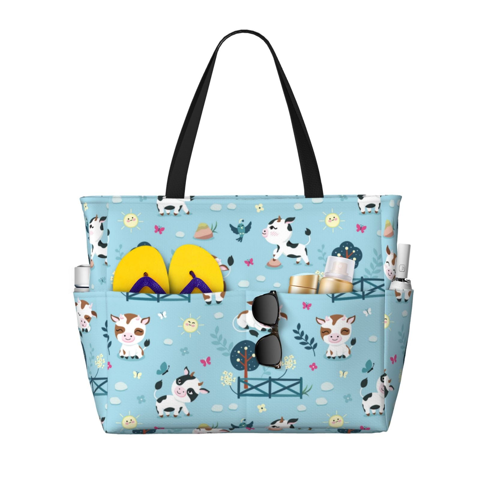 Large Beach Bags Water-resistant Sandproof - Cute Cow Butterfly Tree ...