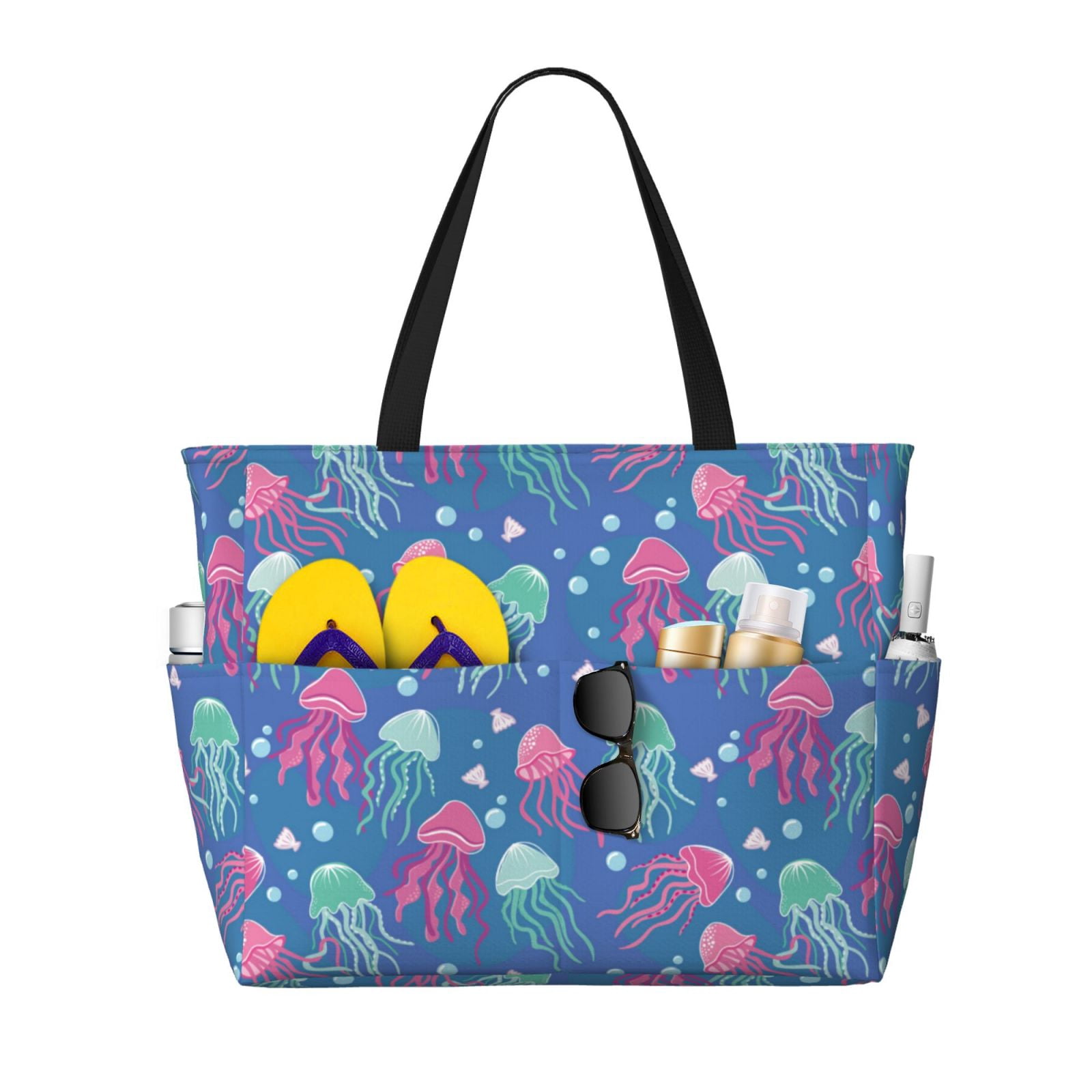 Large Beach Bags Water-resistant Sandproof - Cute Green Pink Jellyfish ...