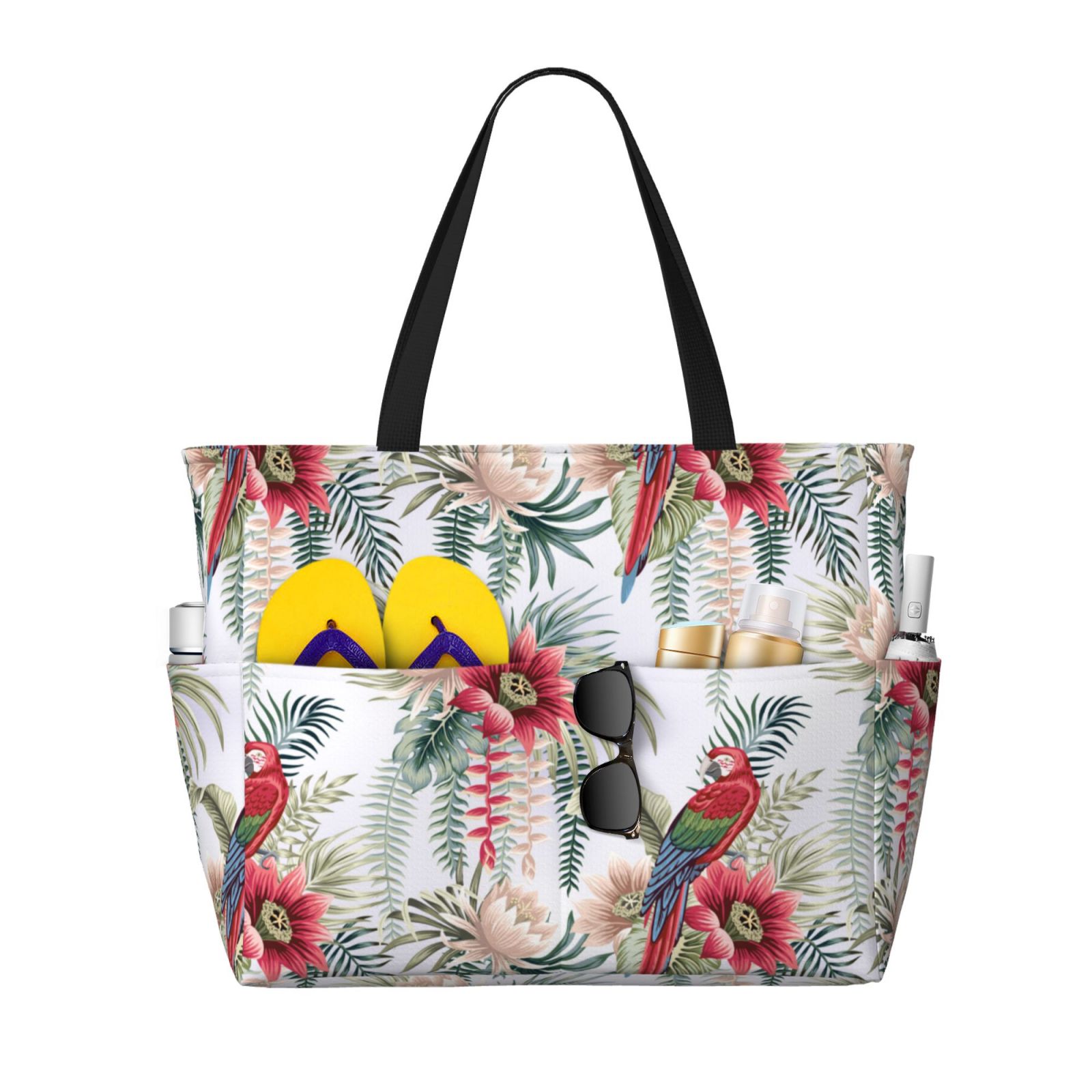 Large Beach Bags Water-resistant Sandproof - Cute Parrot Flowers Palm ...