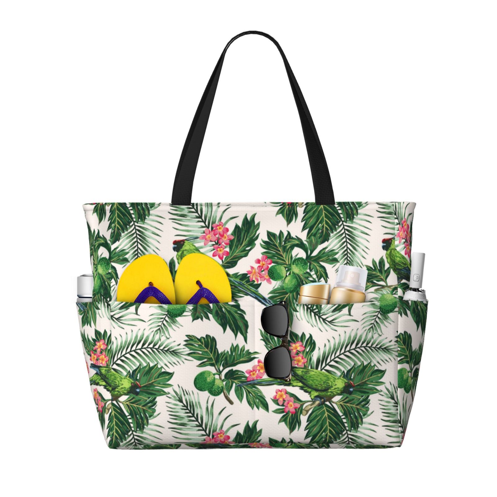 Large Beach Bags Water-resistant Sandproof - Cute Parrot Palm Leaf ...