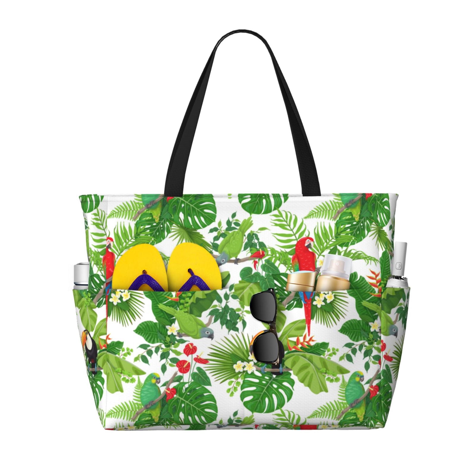 Large Beach Bags Water-resistant Sandproof - Cute Toucan Parrot Flower ...