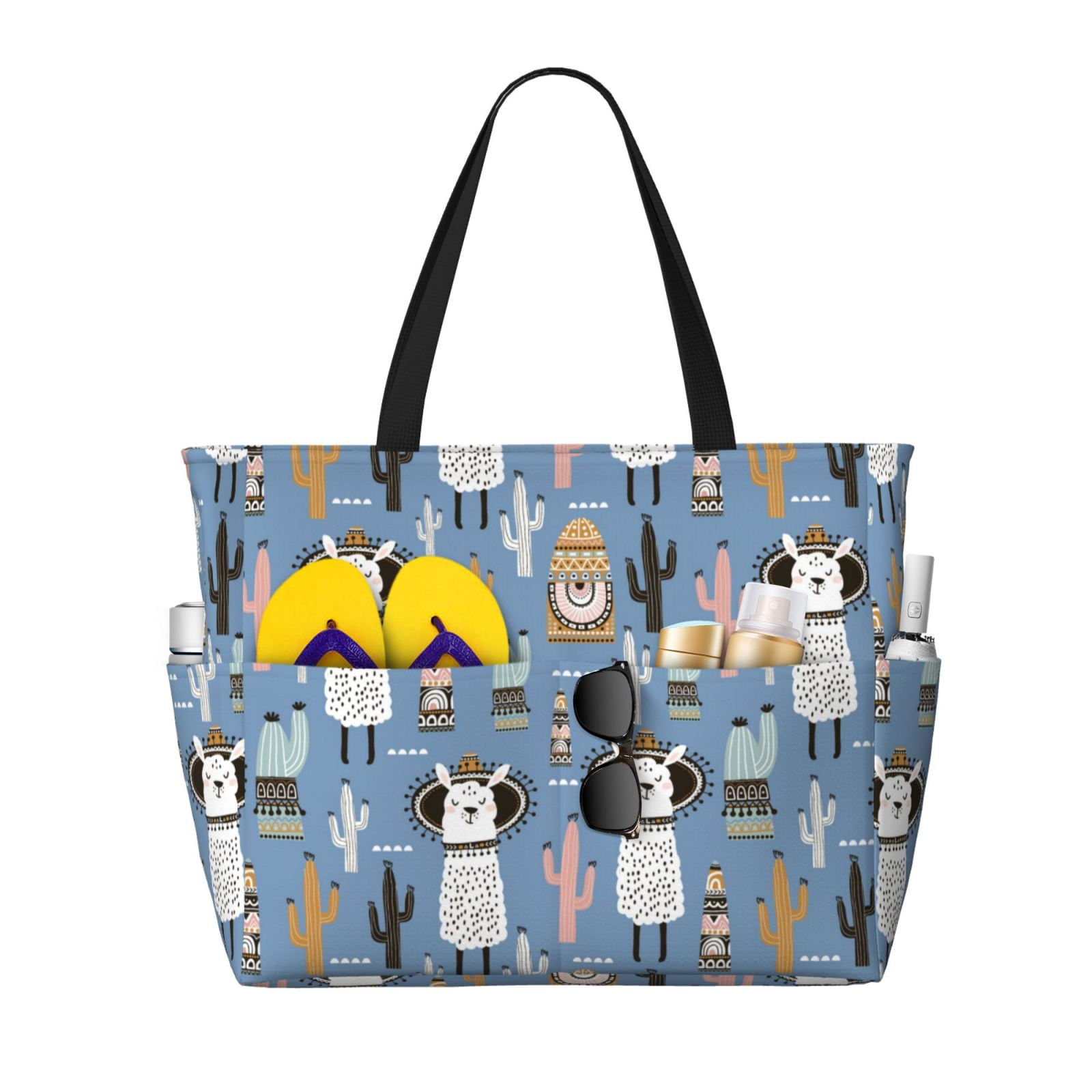 Large Beach Bags Water-resistant Sandproof - Exotic Cute Alpaca Cactus ...