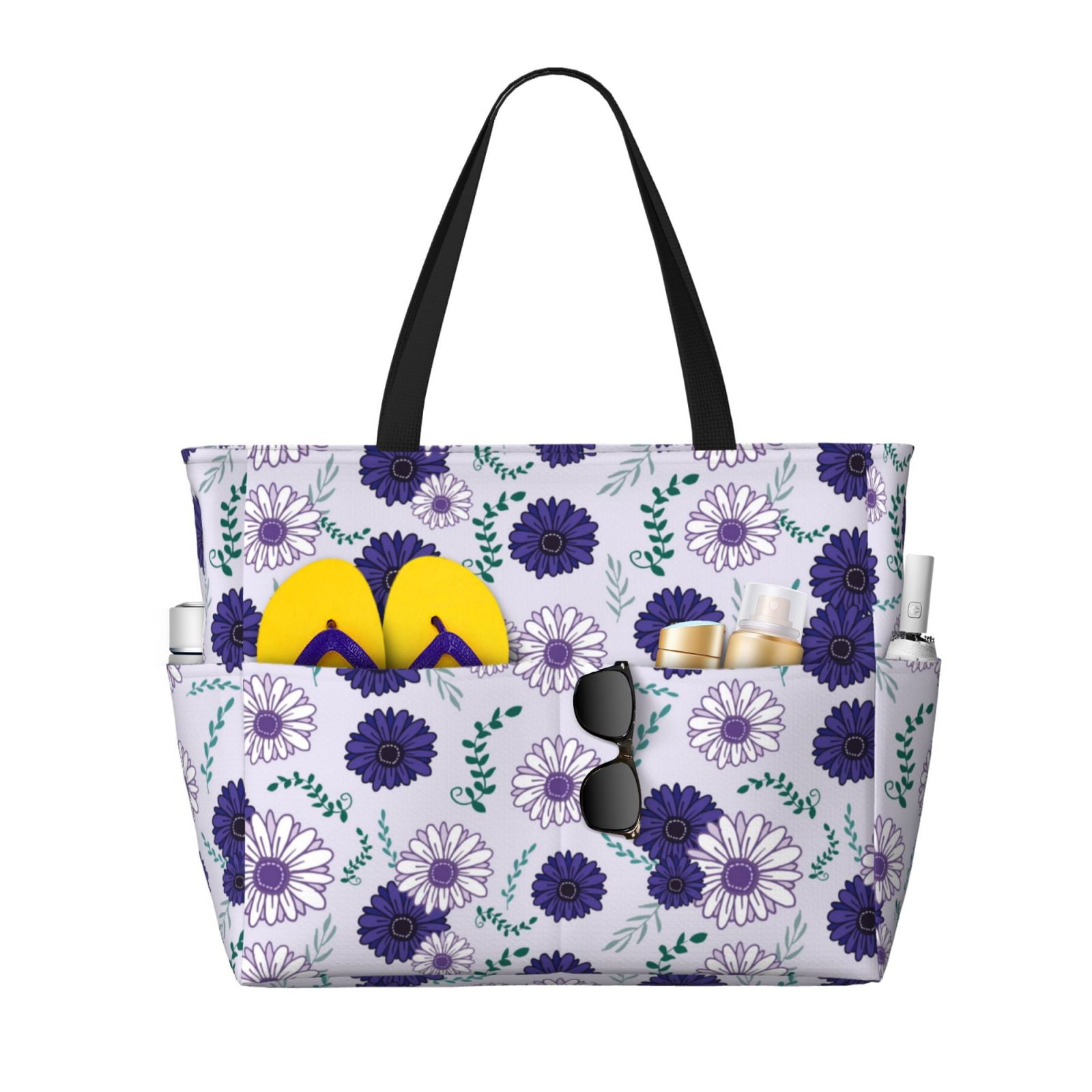 Large Beach Bags Water-resistant Sandproof - Fujiman Leaves Daisies Flowers Cute Beach Tote Bags ...