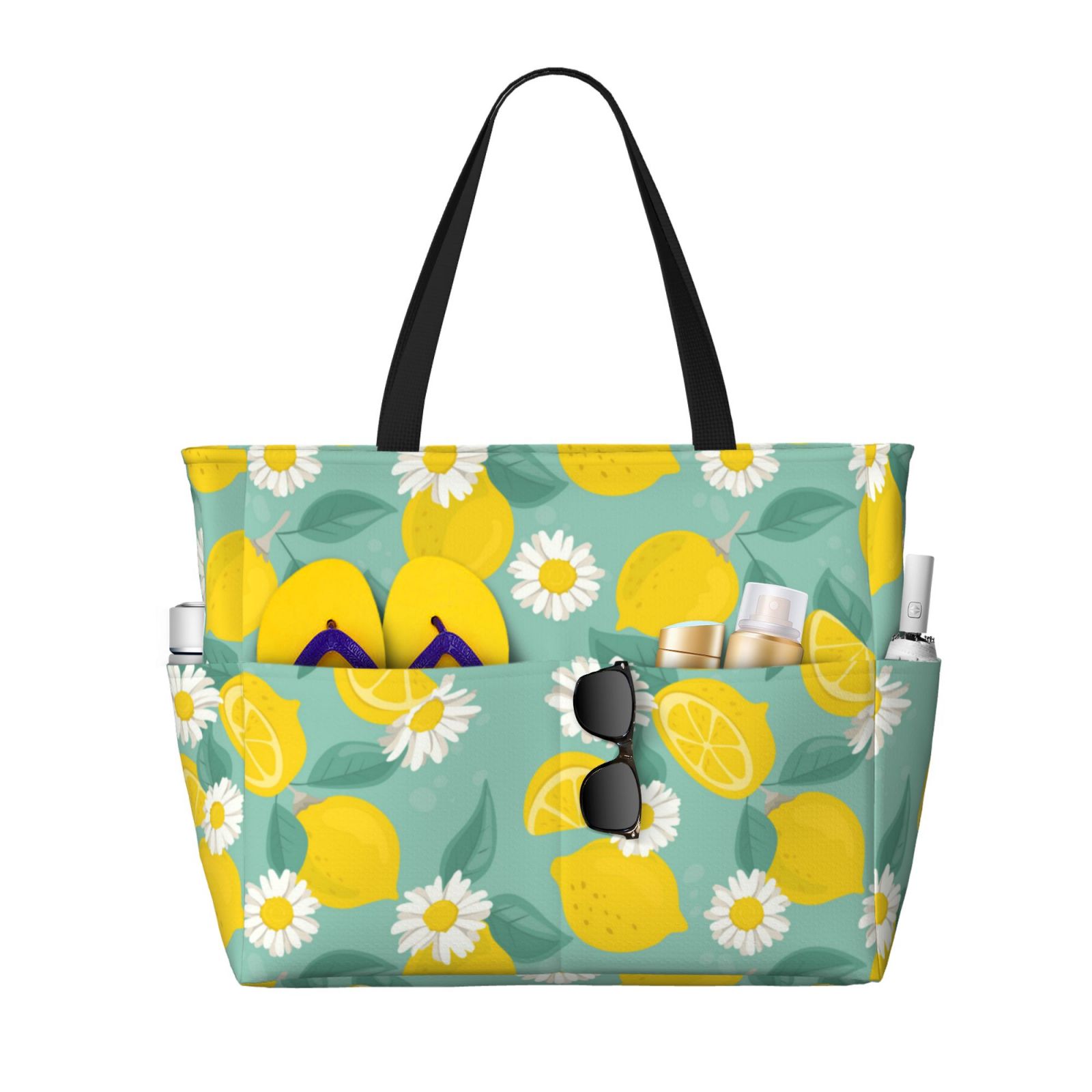 Large Beach Bags Water-resistant Sandproof - Lemons Chamomile Flowers ...