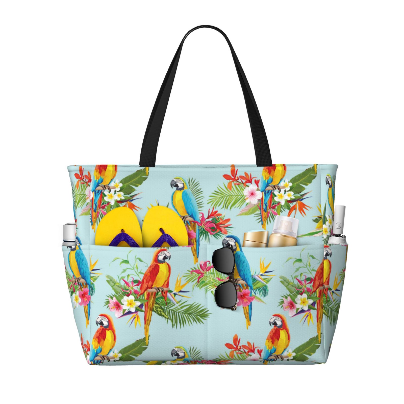 Large Beach Bags Water-resistant Sandproof - Pastel Cute Parrot Palm ...